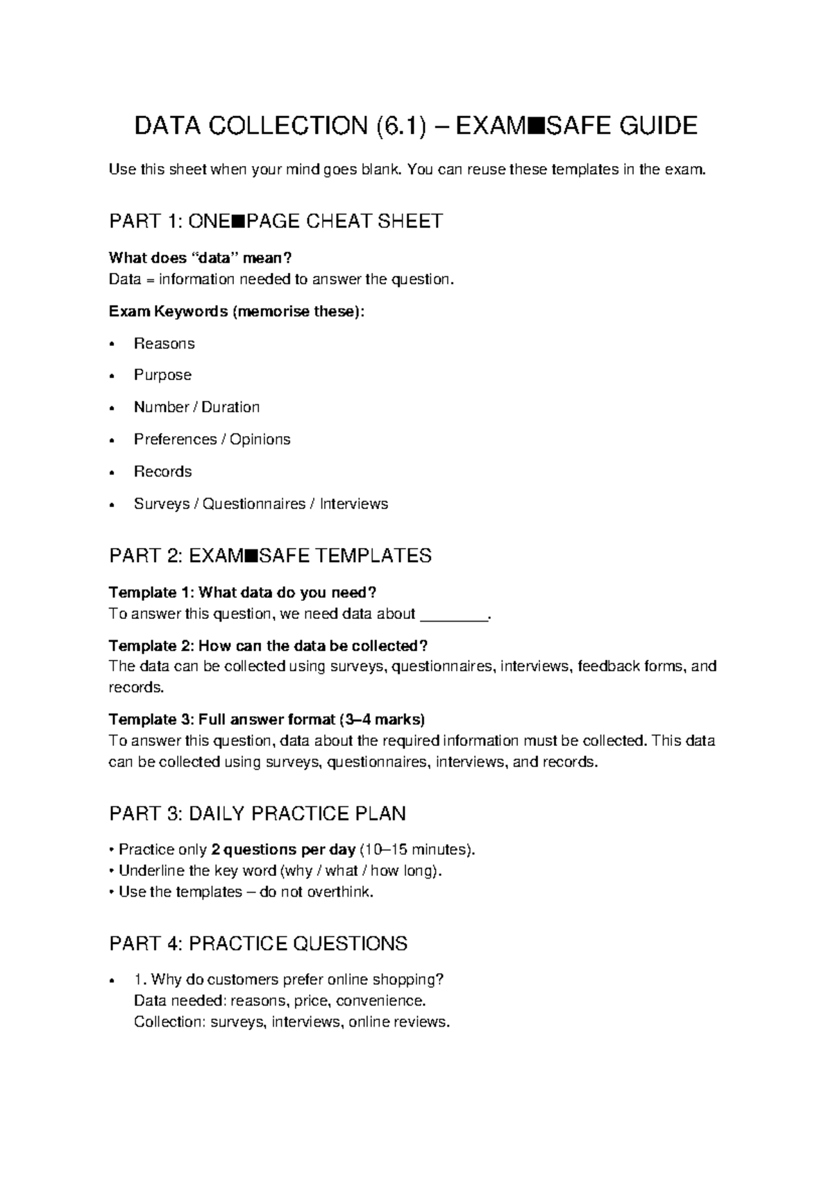 Data Collection (6.1) Exam Safe Guide & Cheat Sheet - Studocu