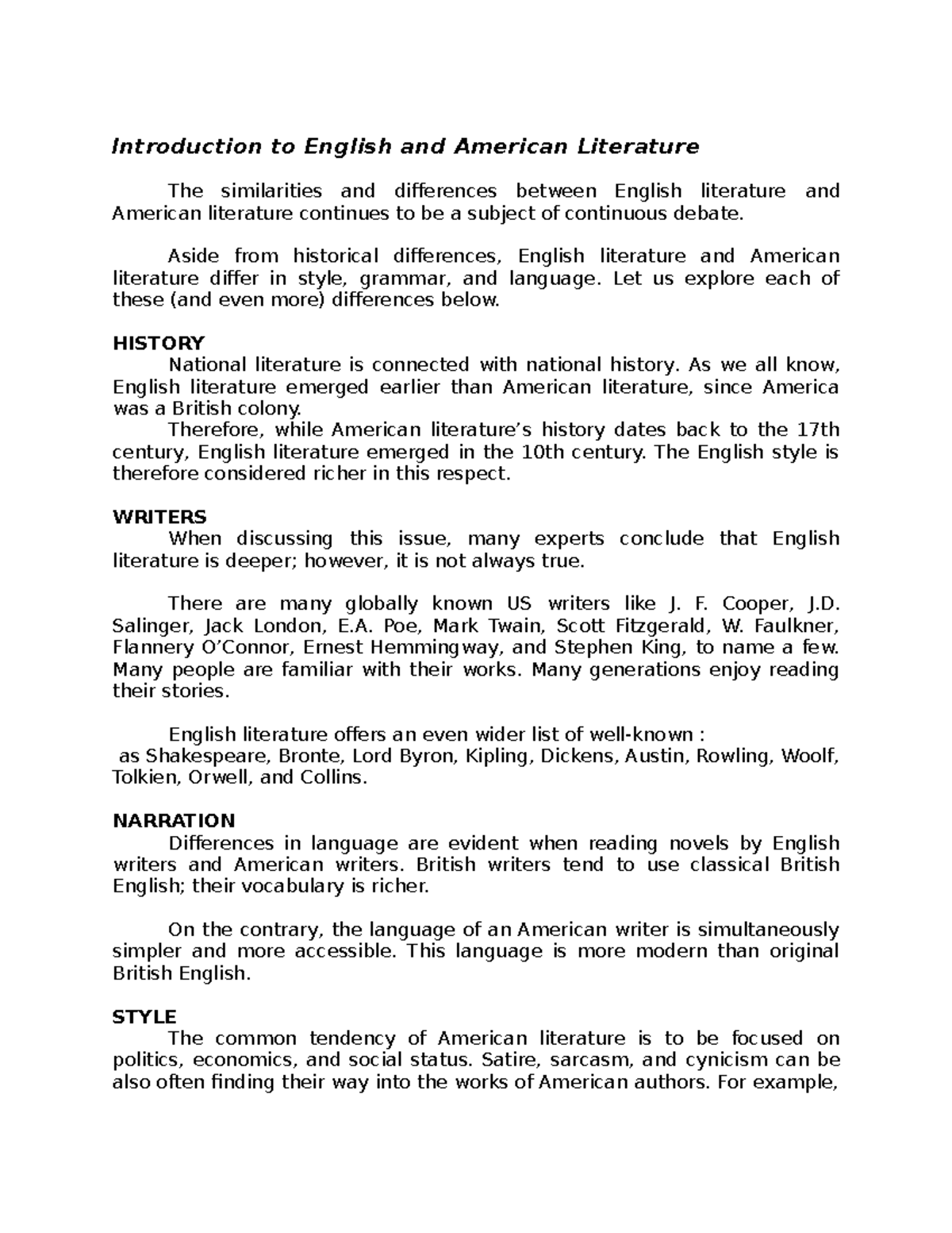INtroduction to English and American Literature - Aside from historical ...