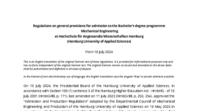 Regulations for Admission to Mechanical Engineering (ZAO BA) - Studocu
