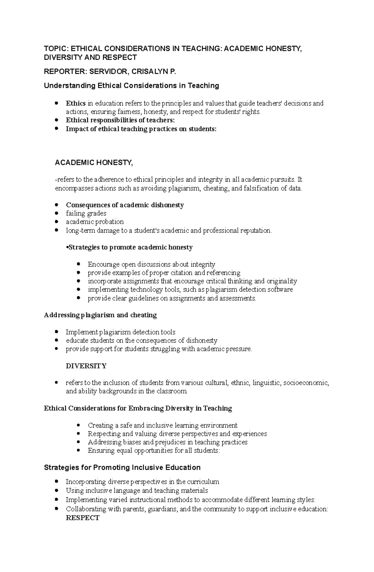 Ethical Considerations in Teaching: Academic Honesty & Diversity - Studocu