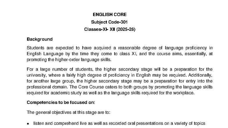 ENGLISH CORE CLASS XII: Language Proficiency and Skills Development ...