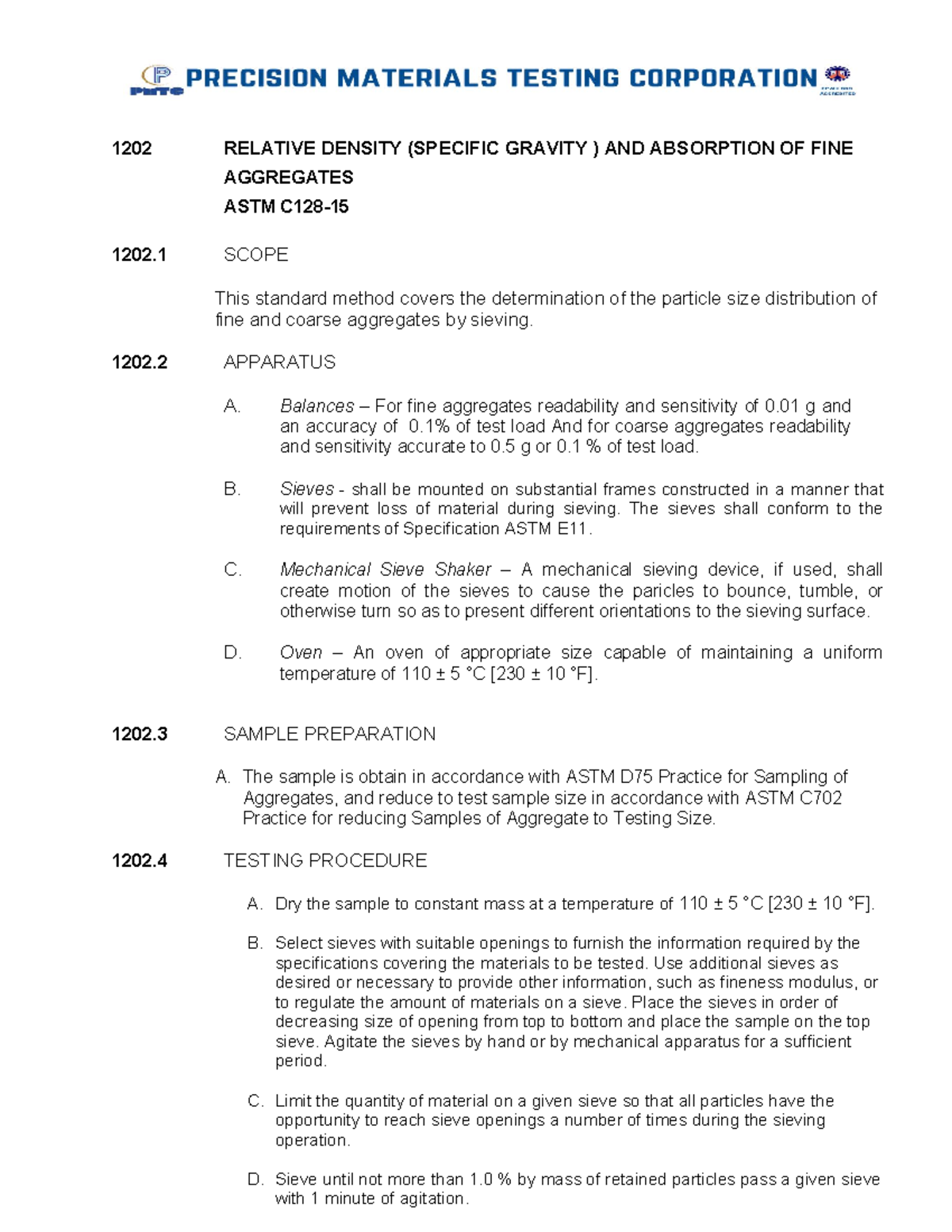 1202 Lab Manual: Relative Density & Absorption of Fine Aggregates - Studocu