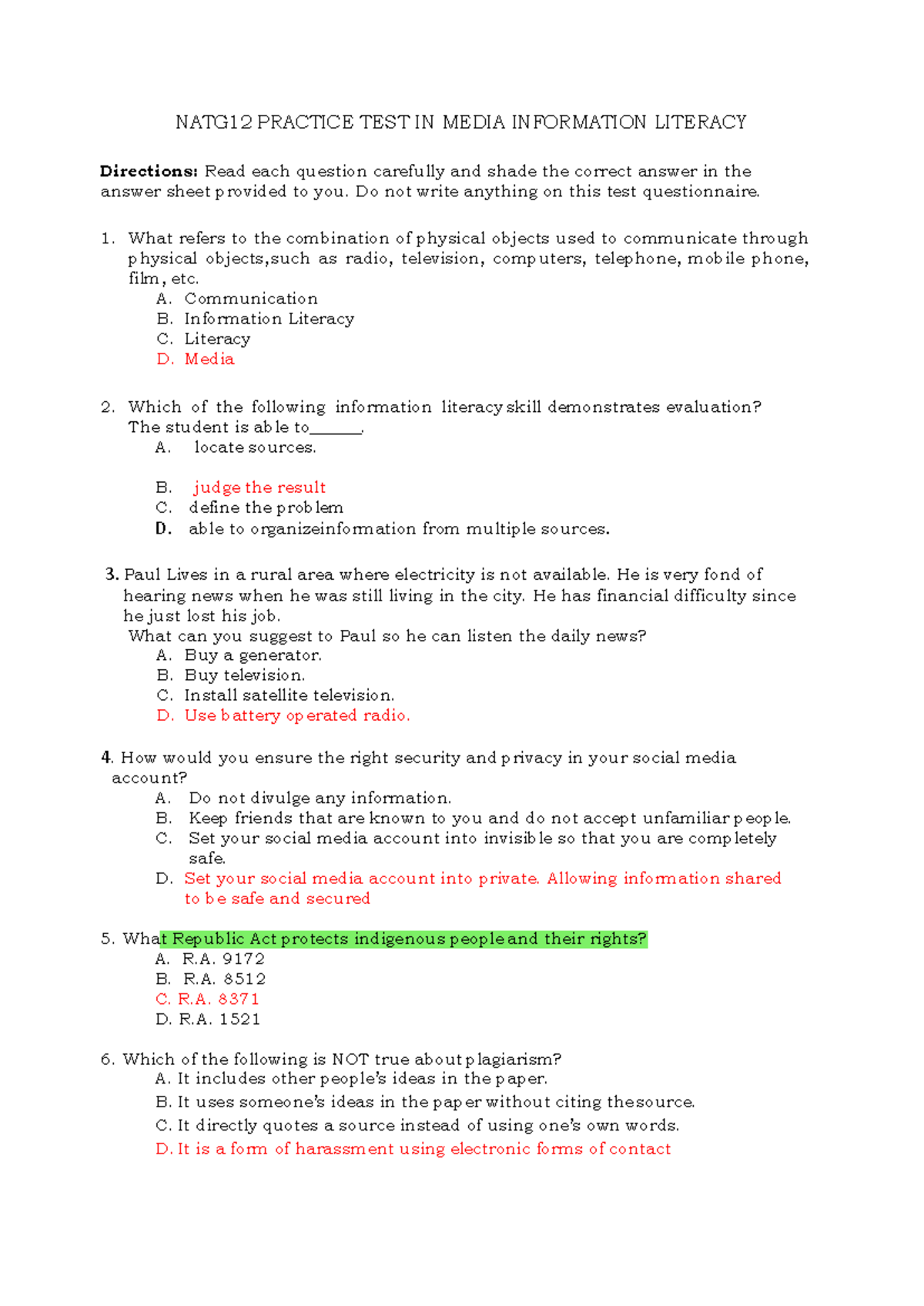Media and Information Literacy Practice test - NATG12 PRACTICE TEST IN ...