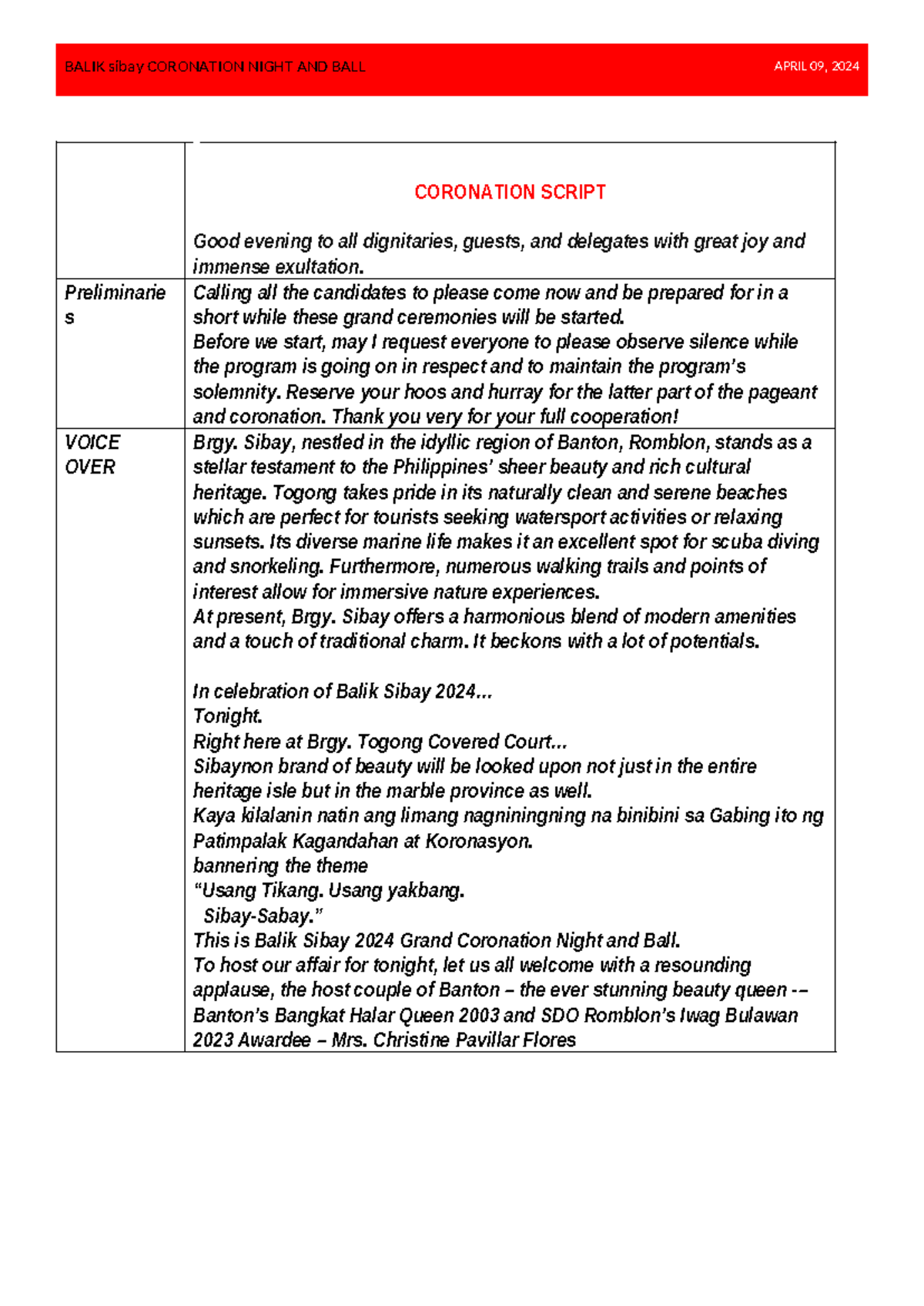 Balik Togong Coronation Script - Copy - CORONATION SCRIPT Good evening ...