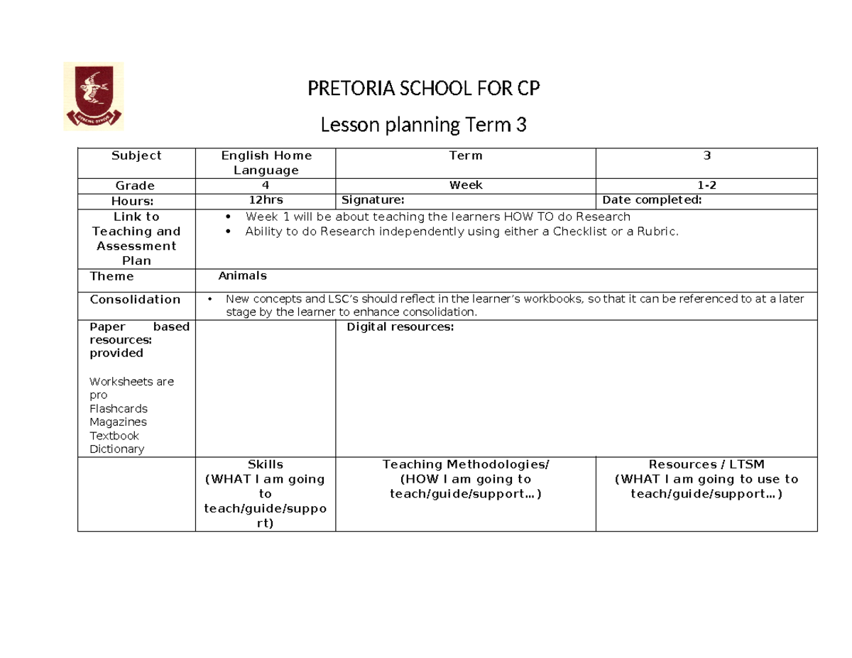 Eng HL Gr.4 Term 3 Lesson Plan for Weeks 1-2: Research & Poetry ...