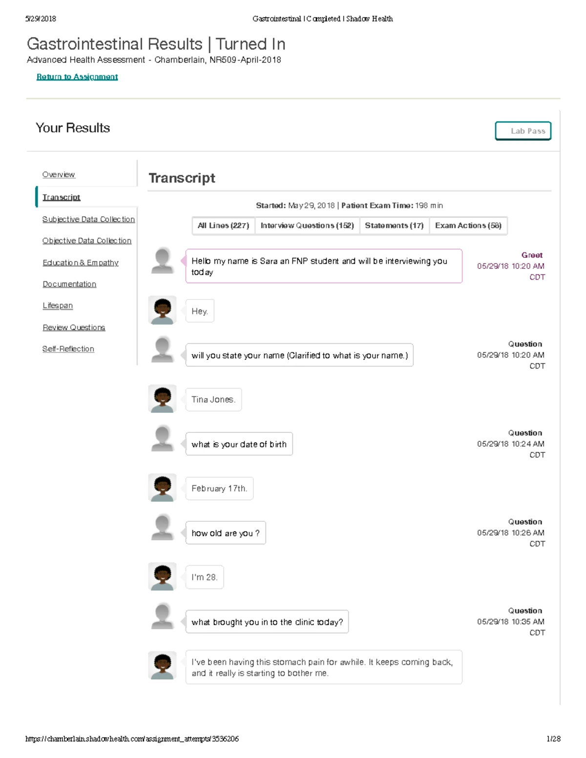 MSN 610 Spring 2024 Shadow Health GI Assessment Results - TIna Jones ...