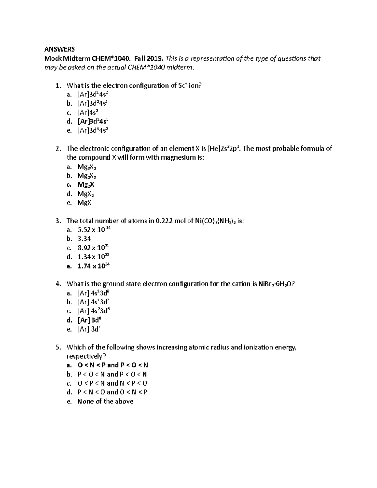 CHEM 1040 Mock Midterm Practice Exam - Fall 2019 Answers - Studocu