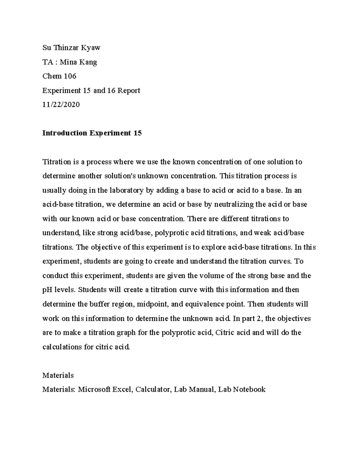 Chem 106 Lab Report: Titration Experiments 15 & 16 Analysis - Studocu