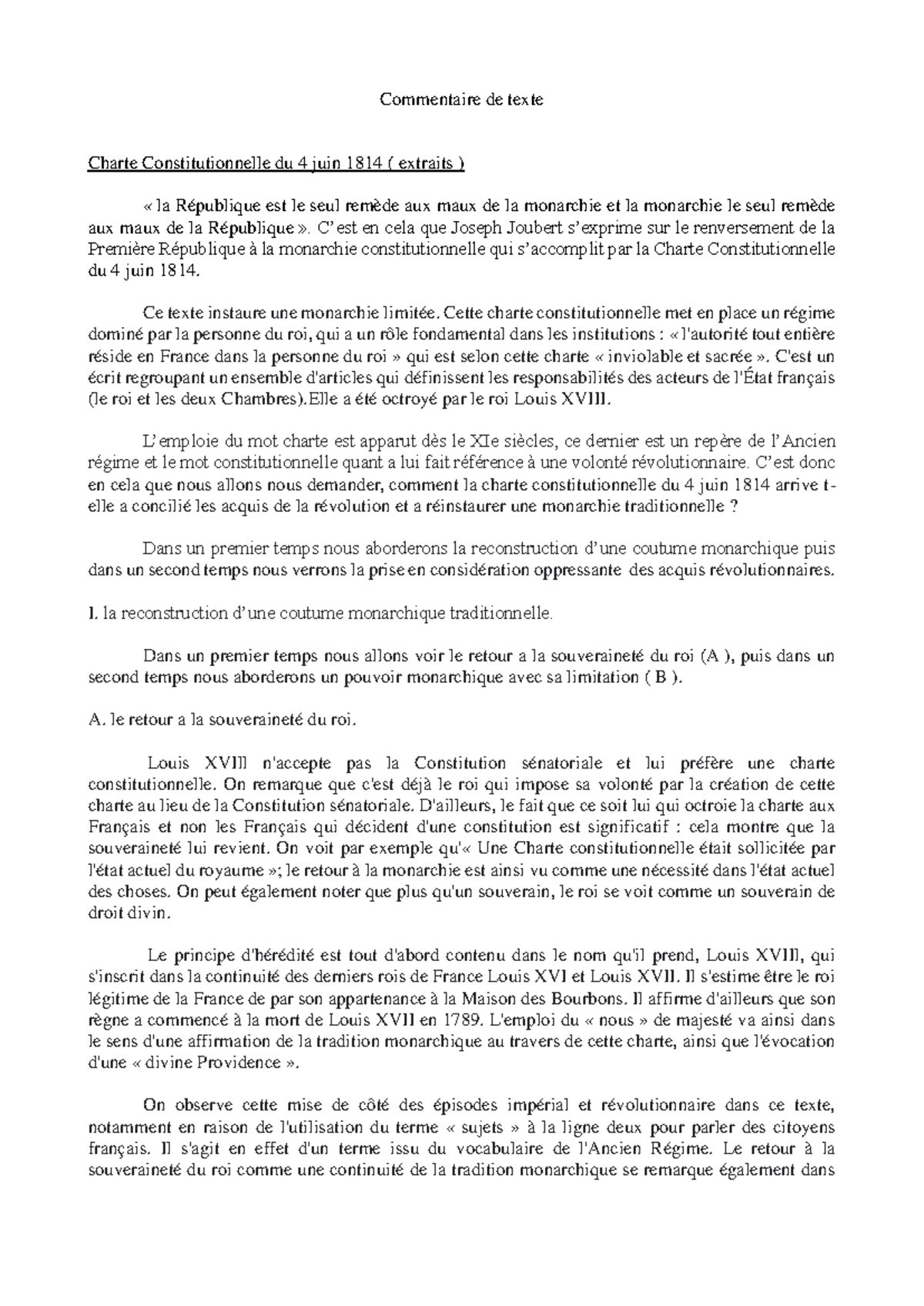 Commentaire de texte sur la Charte Constitutionnelle de 1814 - Studocu