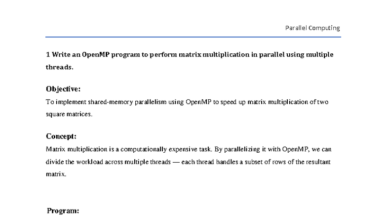 Parallel Computing (PC) Assignment: OpenMP Matrix Multiplication - Studocu