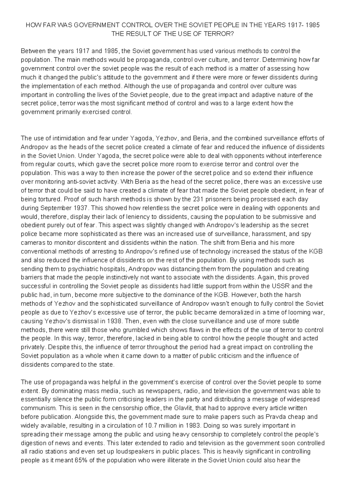 HOW FAR WAS Government Control OVER THE Soviet People IN THE Years 1917 ...