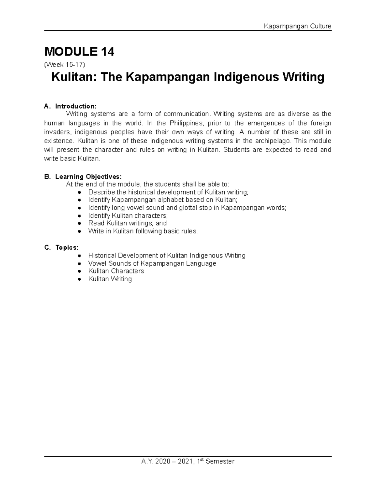 Kapampangan Culture MODULE 14: Kulitan Writing System Overview - Studocu