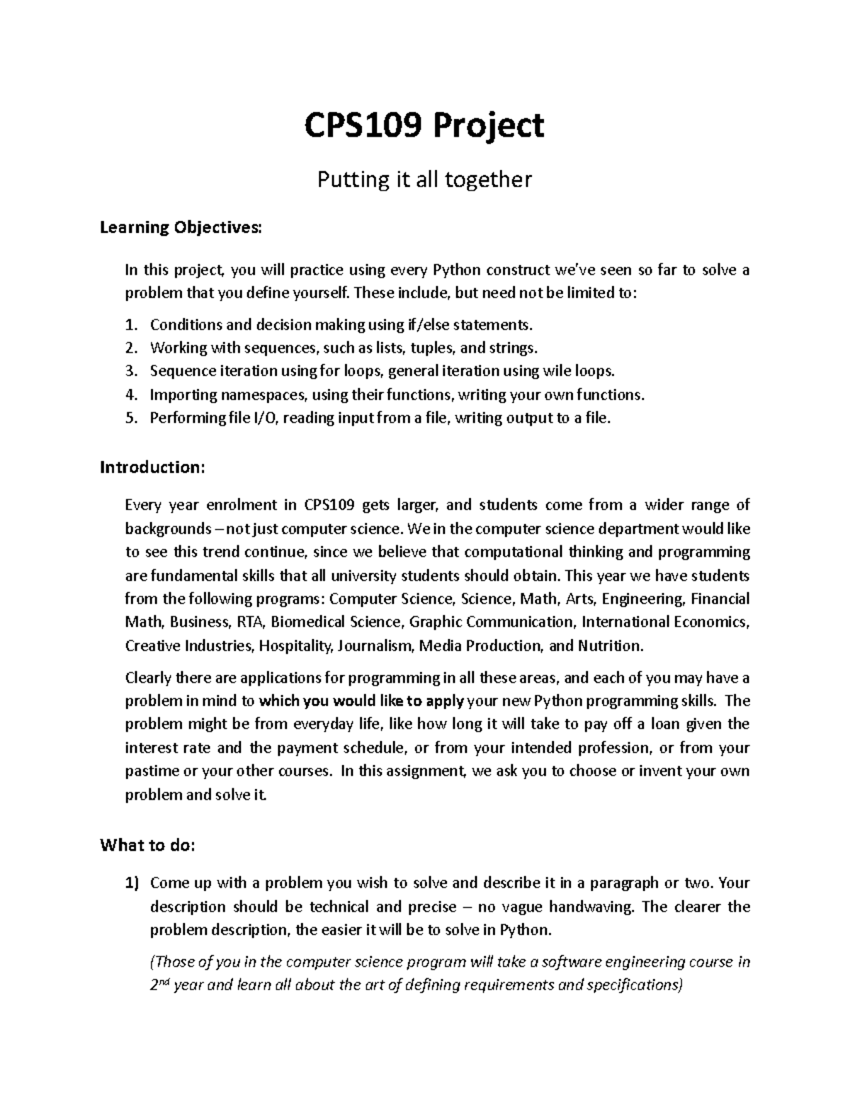 CPS109 Project: Python Programming Skills Application Assignment - Studocu