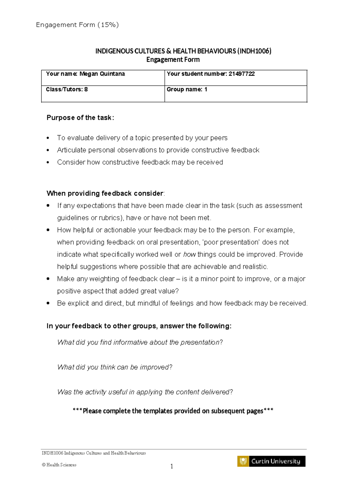 Engagement Form for INDH1006: Indigenous Cultures & Health Behaviours ...
