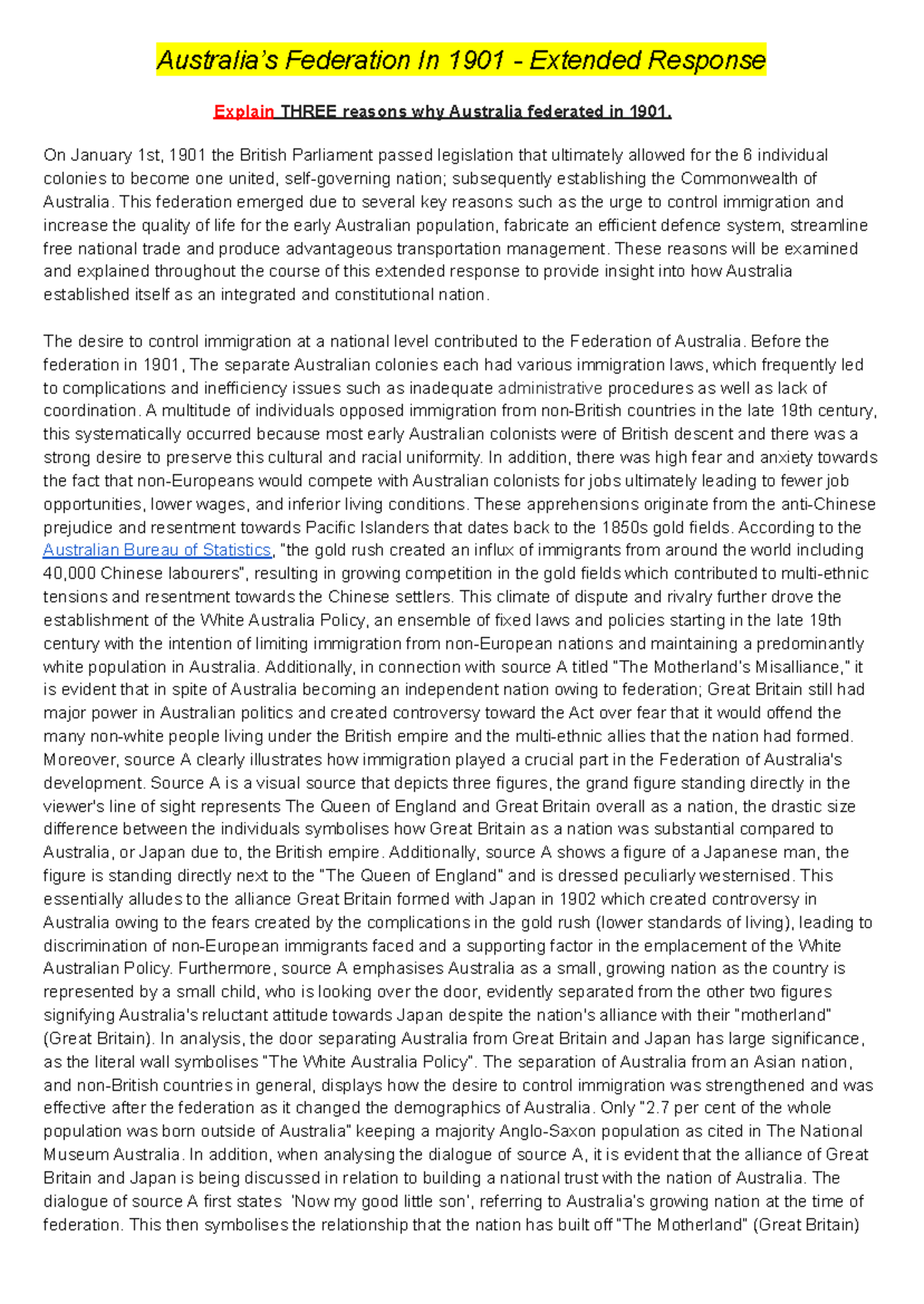 Year 9 History: Extended Response on Australia's Federation in 1901 ...