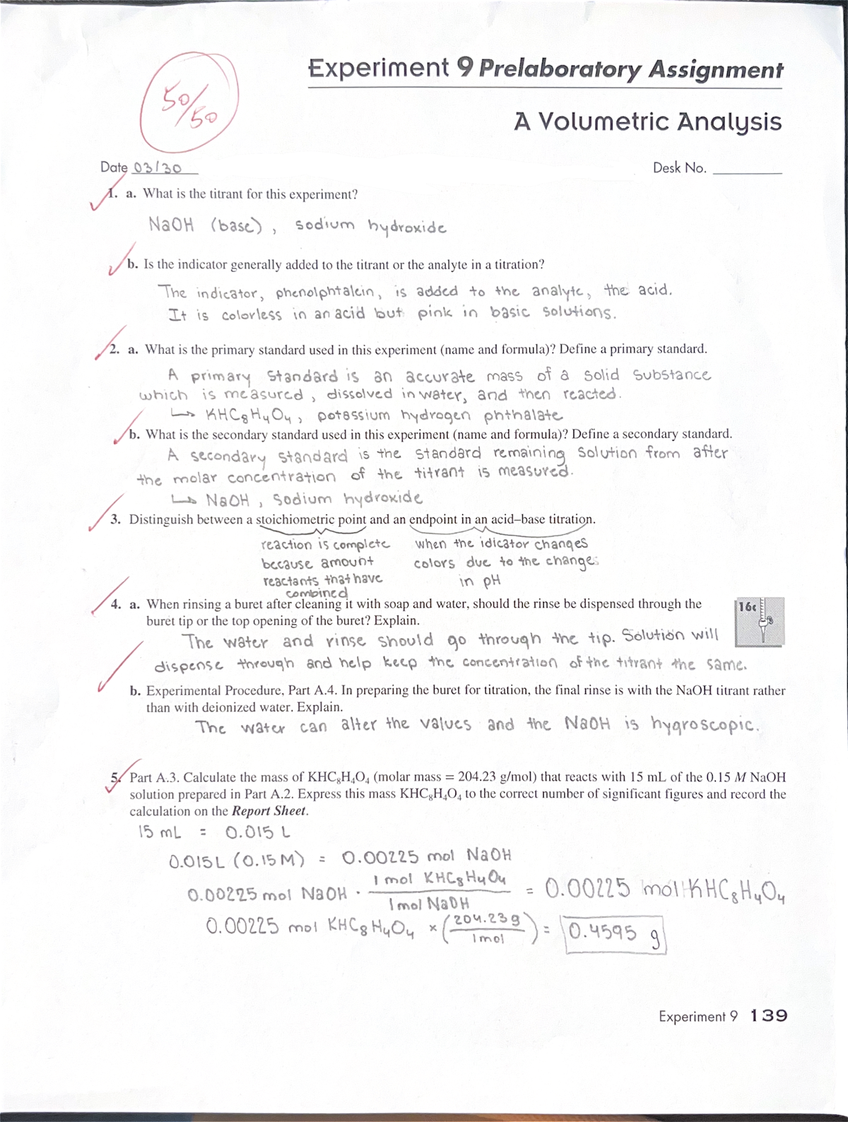 Experiment 9 A Volumetric Analysis Pre-laboratory Assignment ...