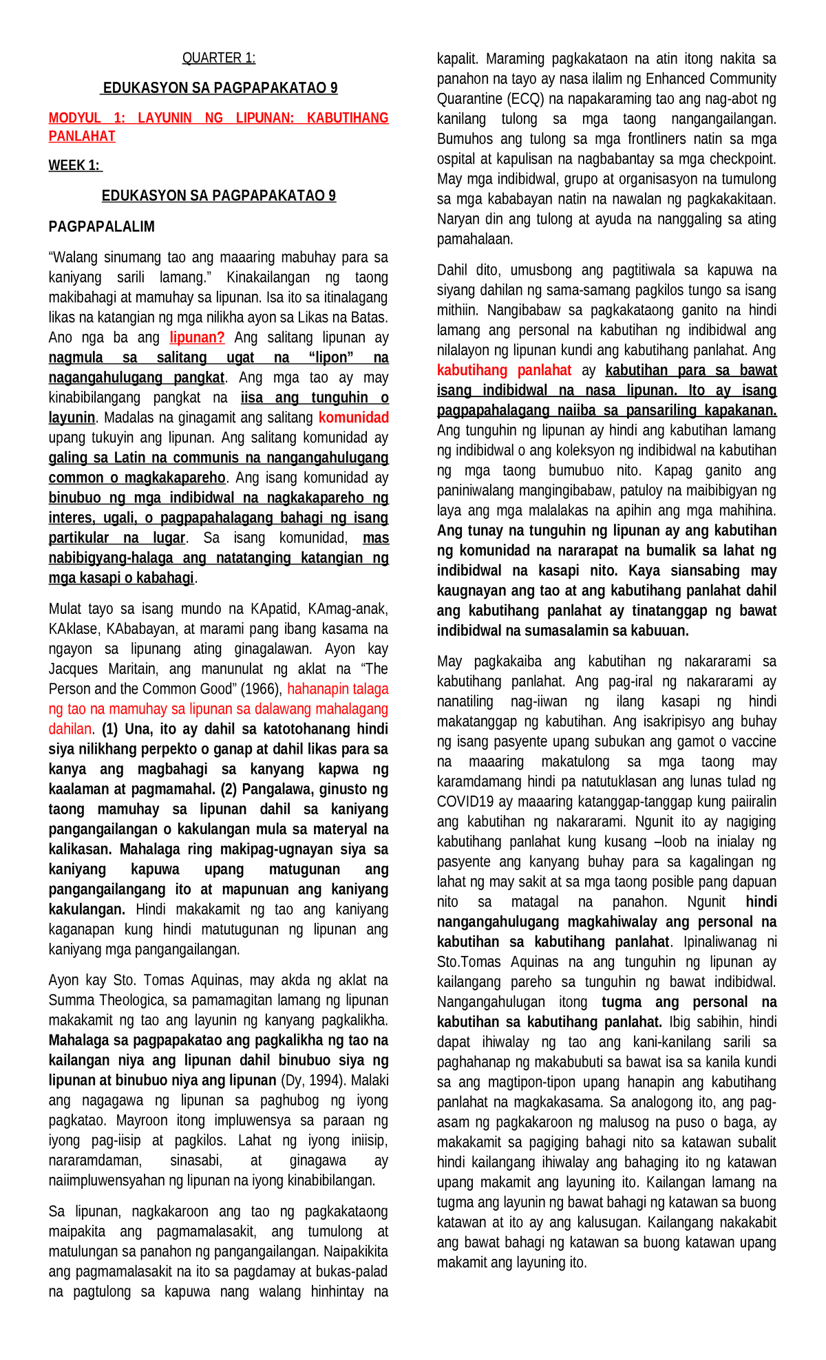 Mod-1 Lecture: Layunin ng Lipunan at Kabutihang Panlahat - Studocu