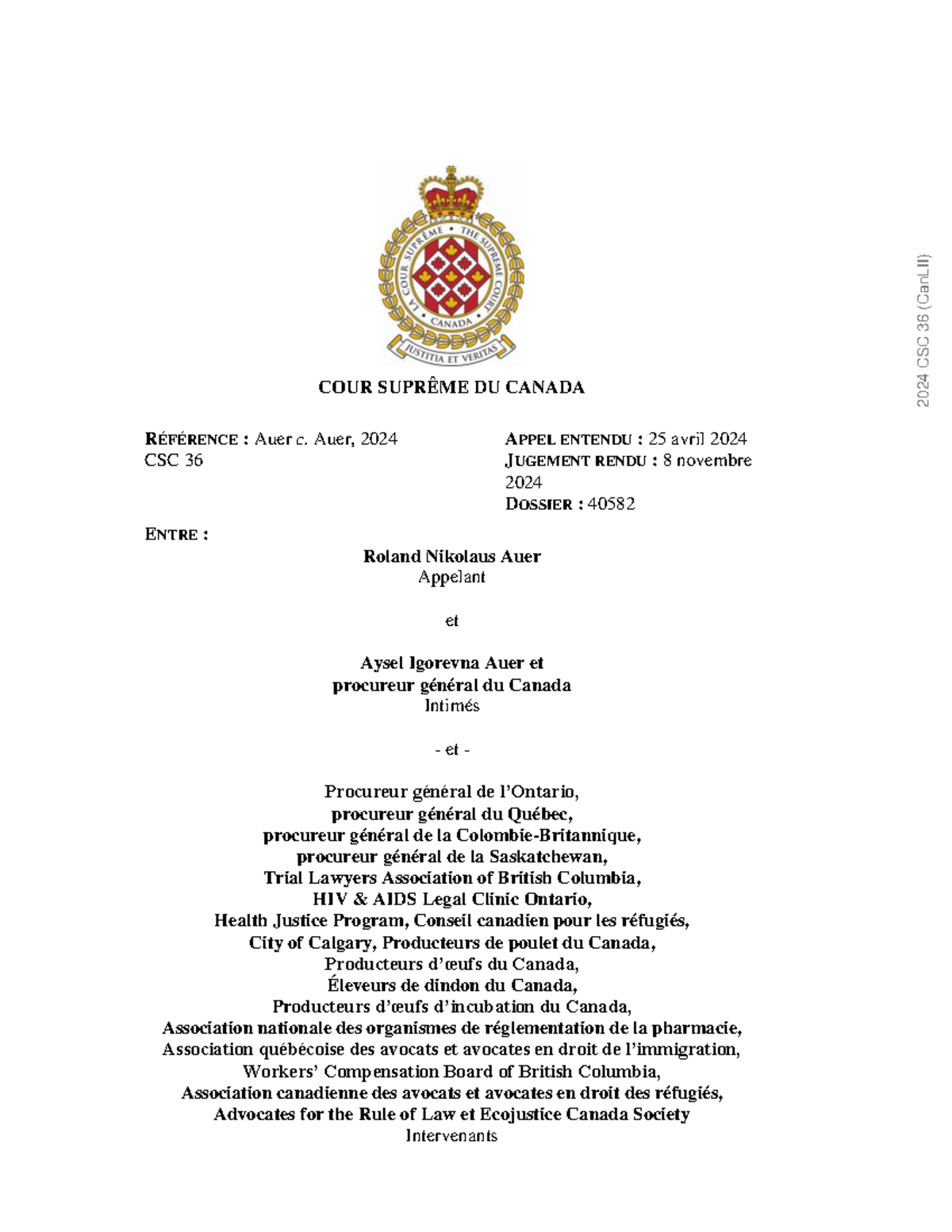 Auer c. Auer, 2024 CSC 36 : Analyse du Contrôle Judiciaire des Lignes - Studocu
