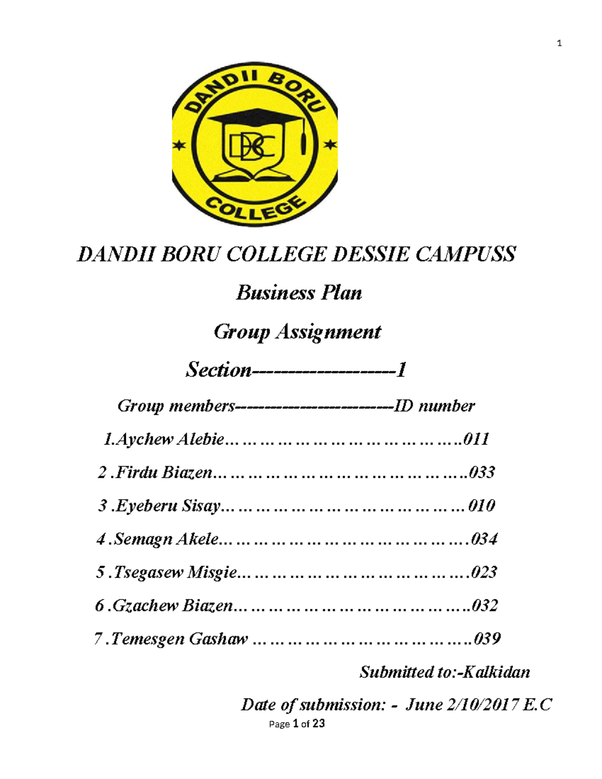 DANDII BORU COLLEGE DESSIE CAMPUS Business Plan for Michot Furniture ...