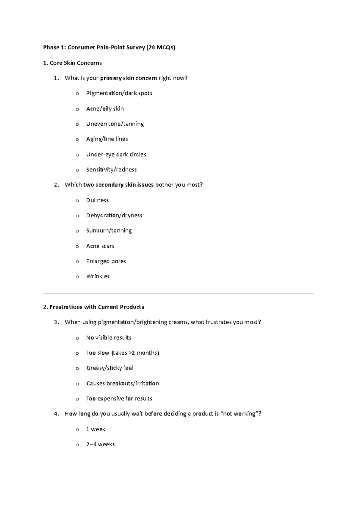 Phase 1: Consumer Survey on Core Skin Concerns and Preferences - Studocu