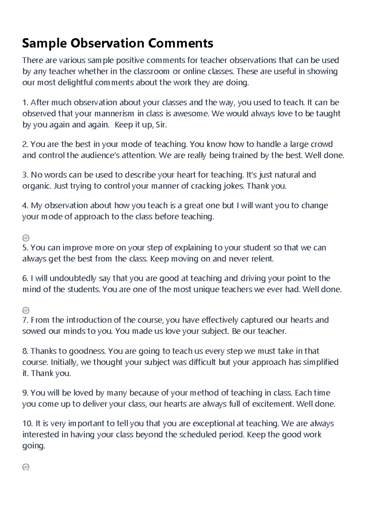 Observation and Feedback Comments for Teachers - Samples and Examples ...