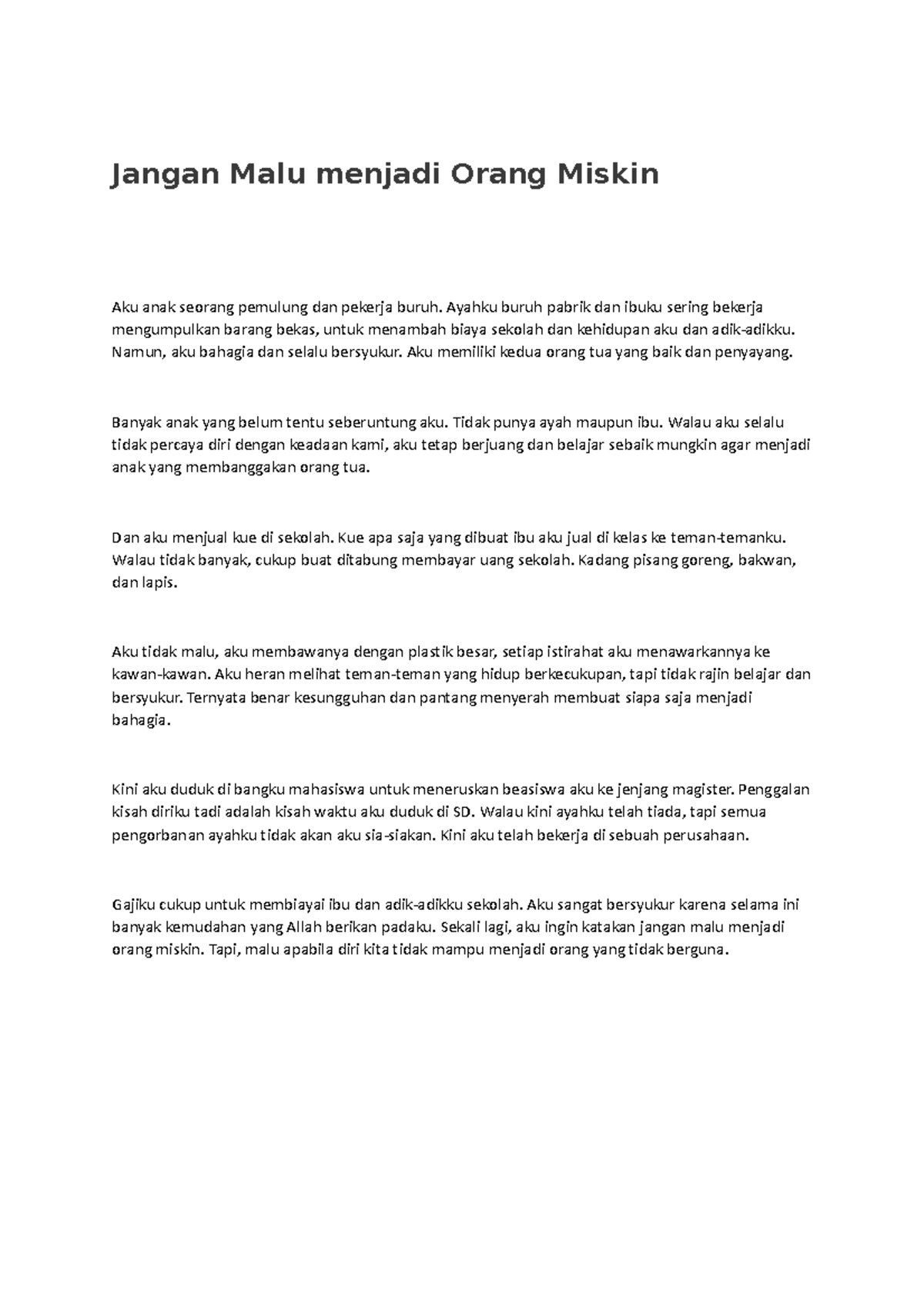 Cerpen Pendidikan: Kisah Inspirasi Seorang Anak Miskin - Studocu