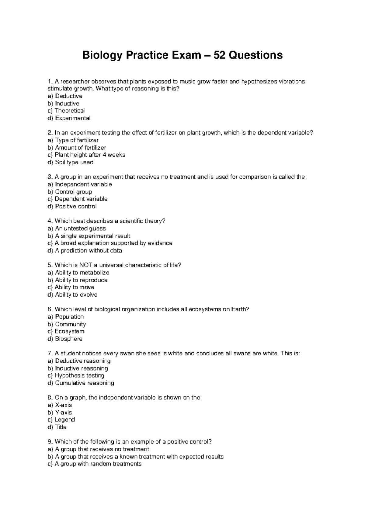 Biology Practice Exam (52 Questions) with Answers - Studocu