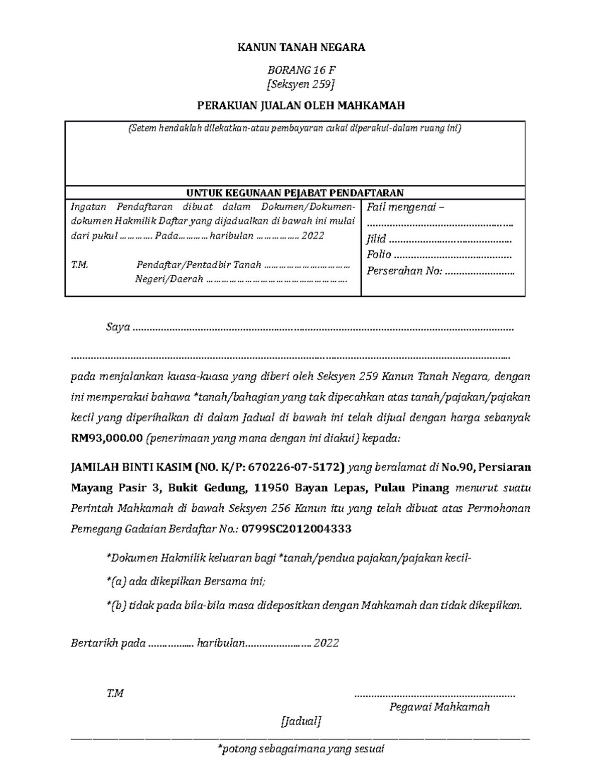 Complete SET FORM 16F for Land Sale Certification in Malaysia - Studocu