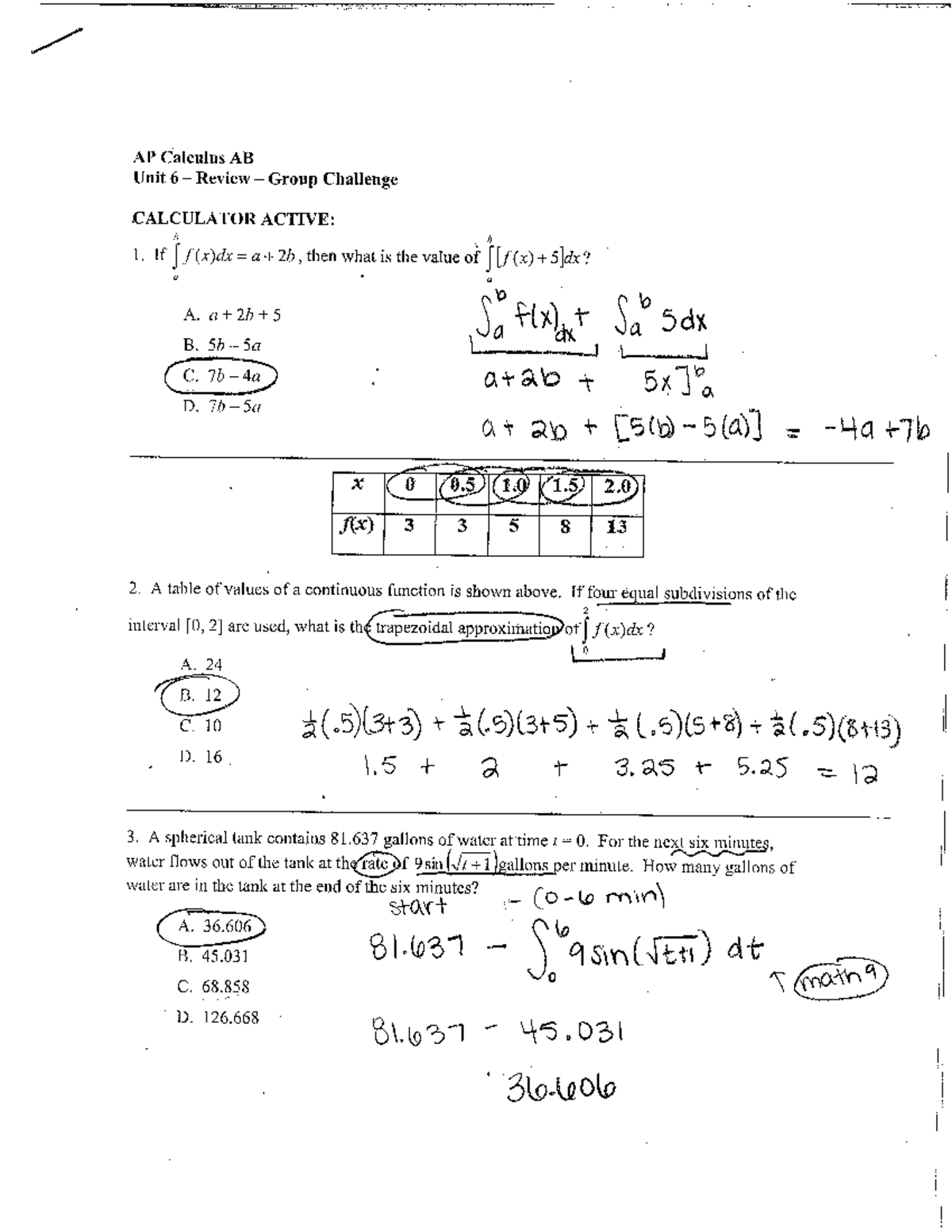AP Calculus AB Unit 6 Review Group Challenge Answer Key - Studocu