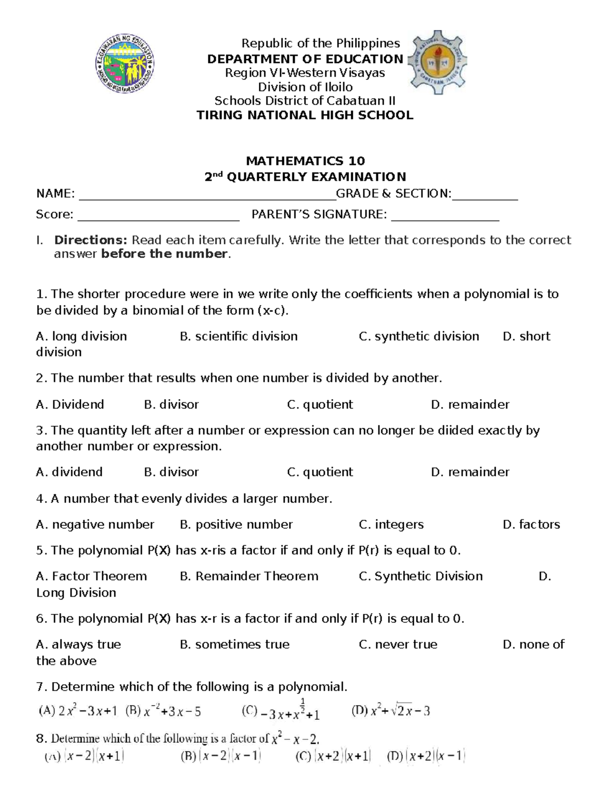 Mathematics 10 2nd Quarter Exam - Assessment Guide - Studocu