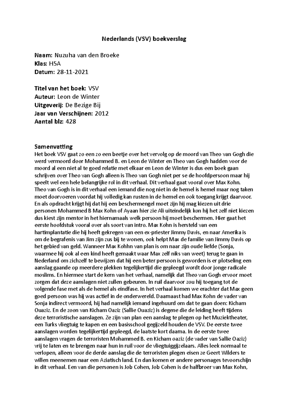 Boekverslag over 'VSV' door Leon de Winter - Nederlands (VSV) H5A ...