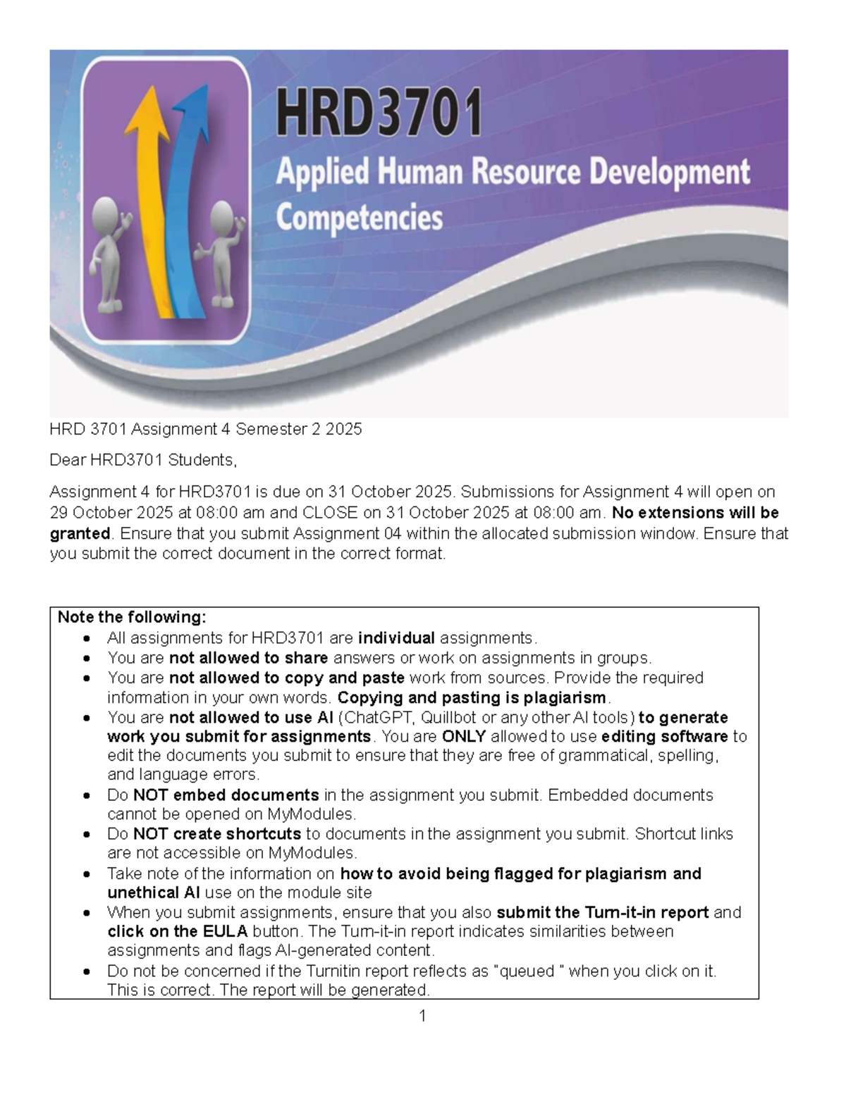 Assignment 4 Guidelines for HRD3701 - Semester 2, 2025 - Studocu