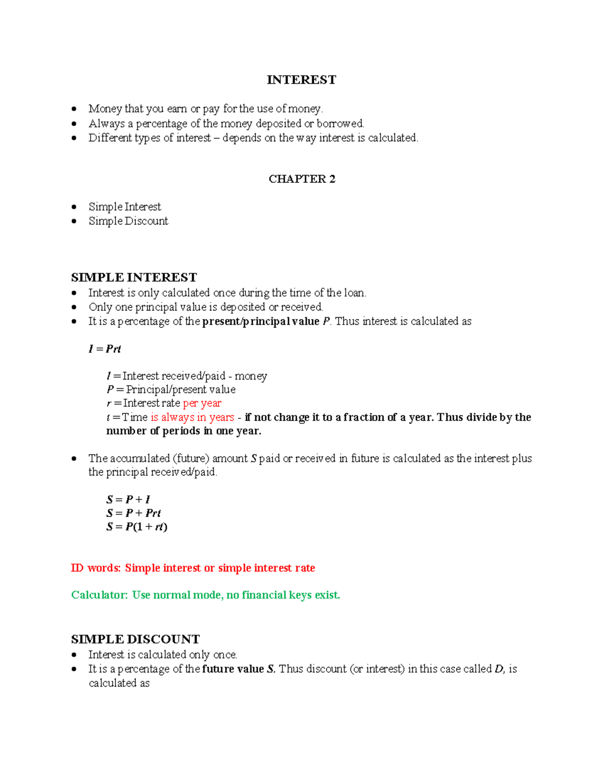 Summary of Chapter 2: Simple Interest & Discount Concepts - Studocu