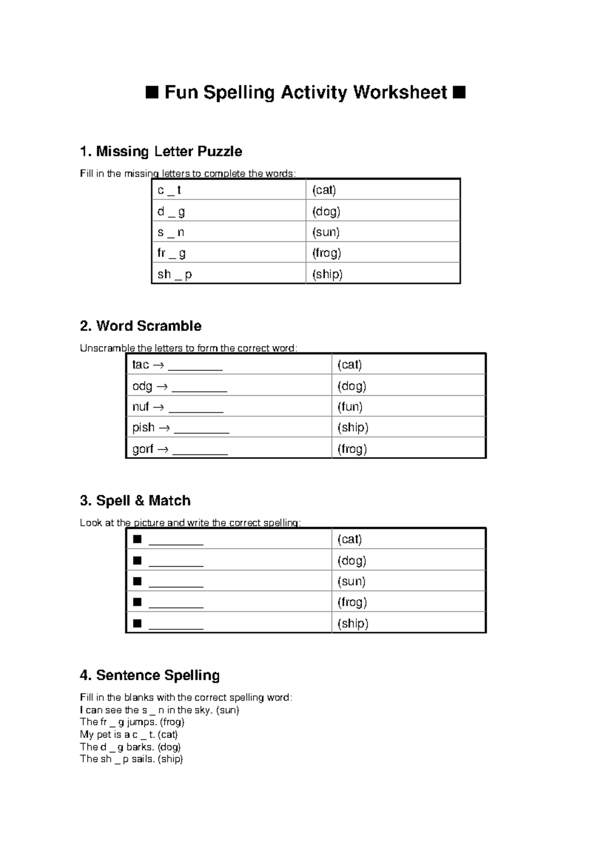 Spelling Activity Worksheet: Fun Missing Letters & Word Scramble - Studocu