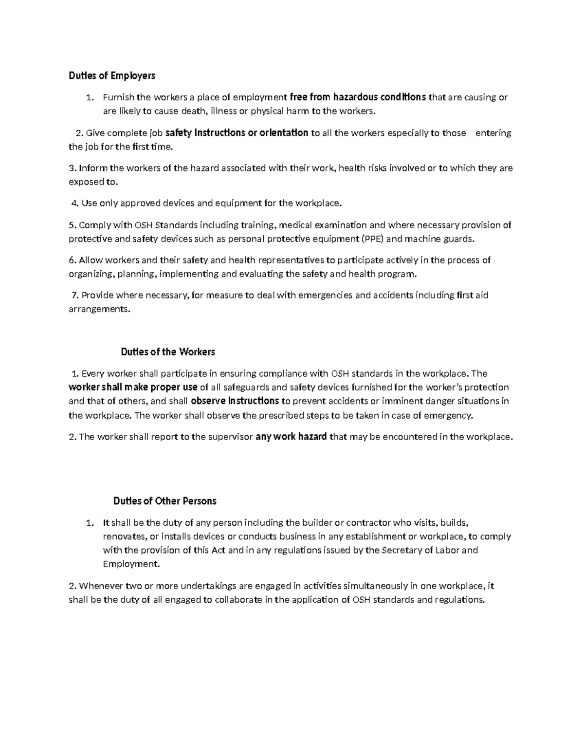 OSH Responsibilities and Workers' Rights in the Workplace - Studocu