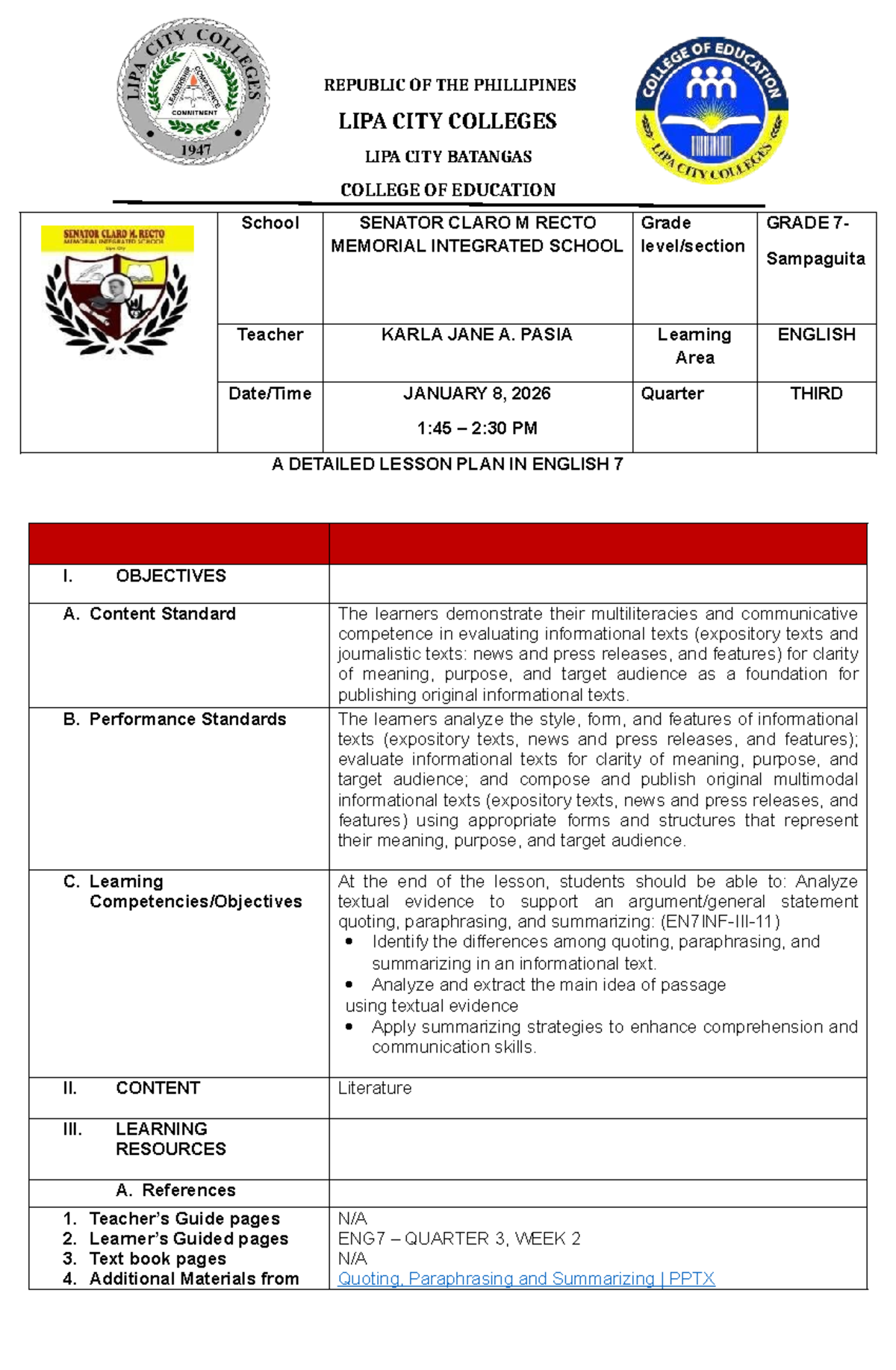 Detailed Lesson Plan for Grade 7 English: Quoting, Paraphrasing ...