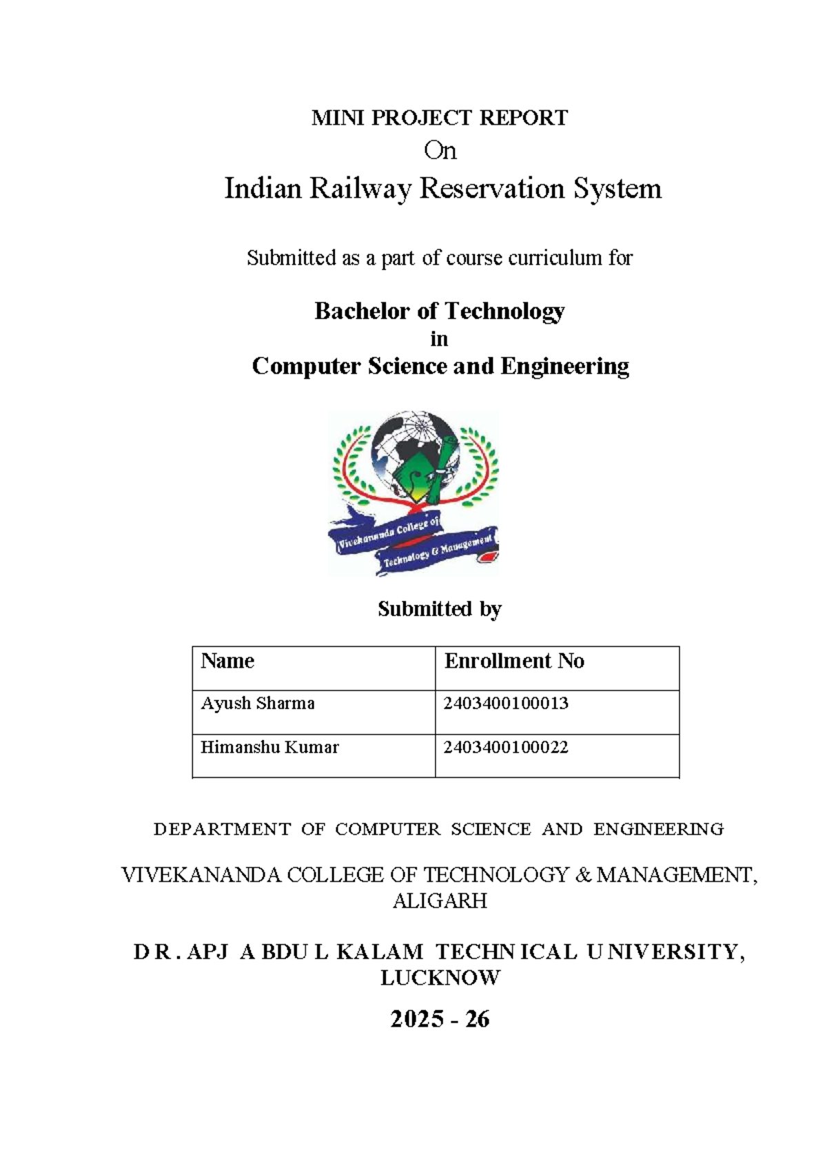 MINI PROJECT REPORT: Indian Railway Reservation System (B.Tech CSE ...