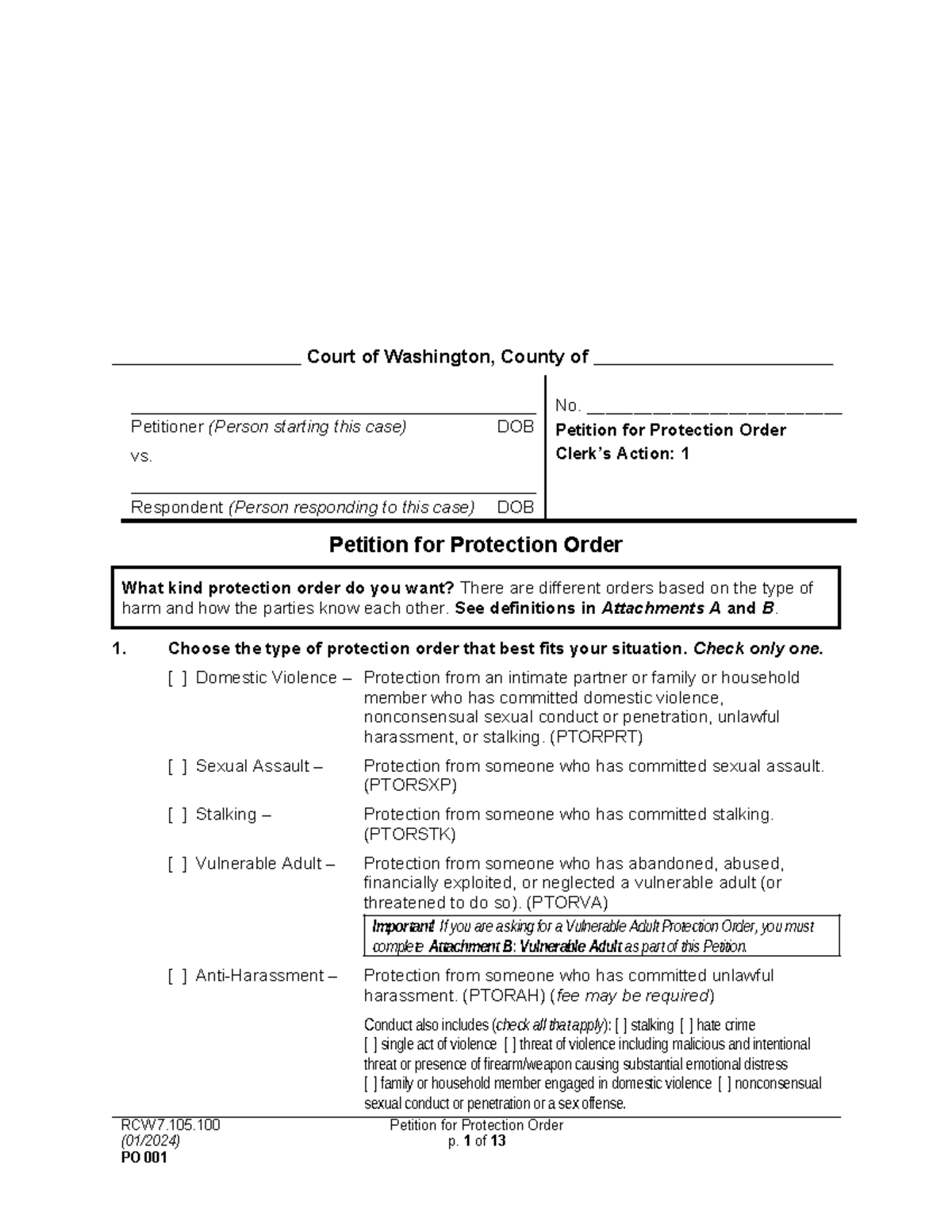PO 001 Petition for Protection Order 2024 01 - Court of Washington ...