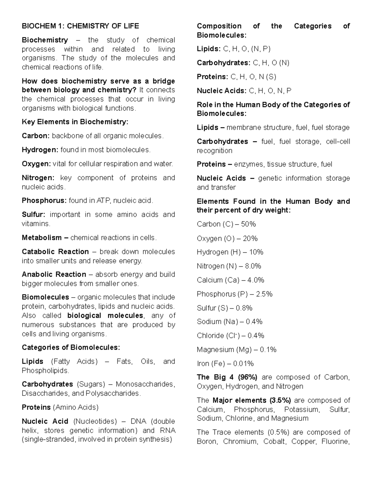 CHEM 08 - Biochem 1 - Comprehensive Study Guide on Biomolecules - Studocu