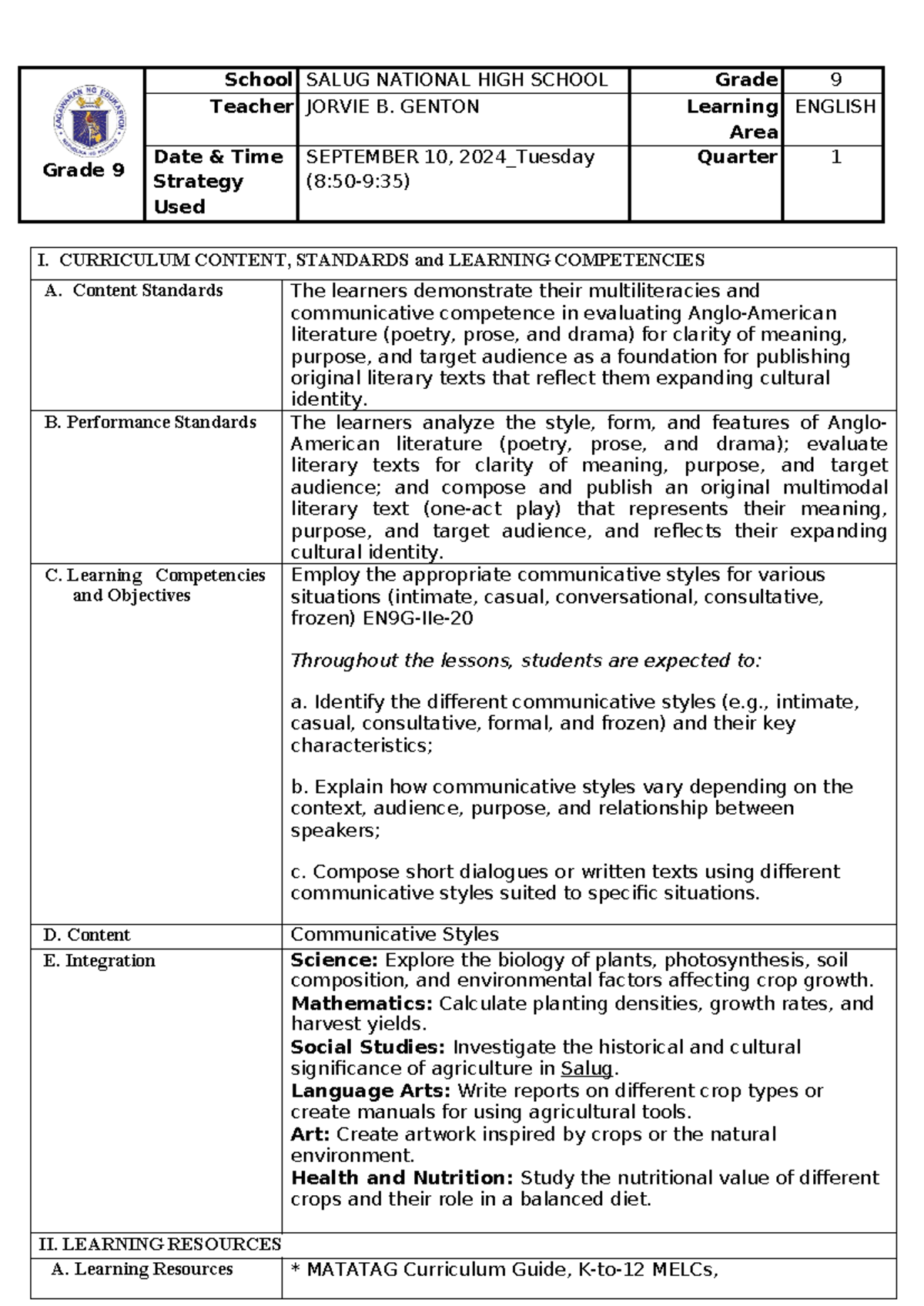 Lesson Plan CO1 A.Y. 2024-2025: English 9 on Communicative Styles ...