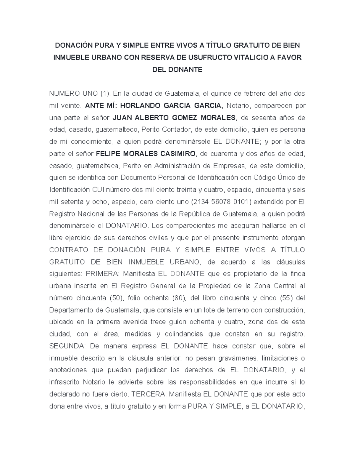 Donación Pura y Simple de Bien Inmueble Urbano - Escritura 2020 - Studocu