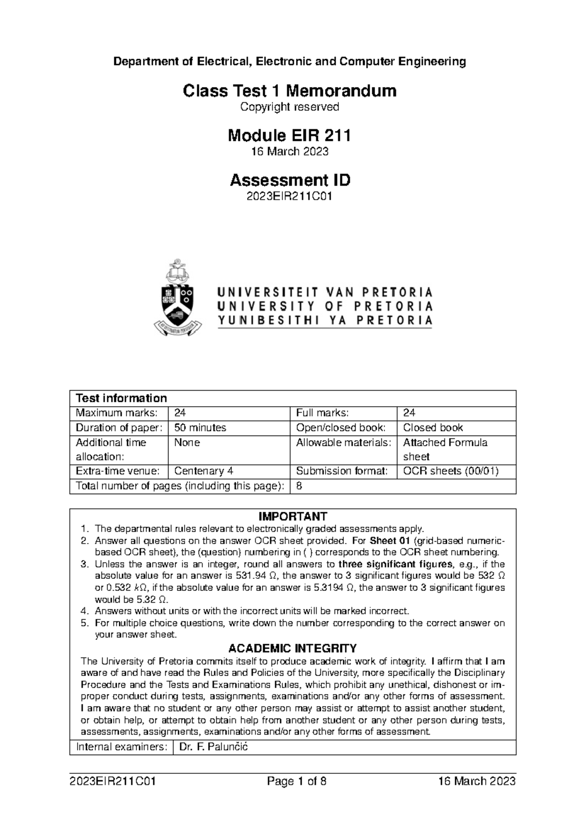 2023EIR211C01 Class Test 1 Memorandum - March 16, 2023 - Studocu