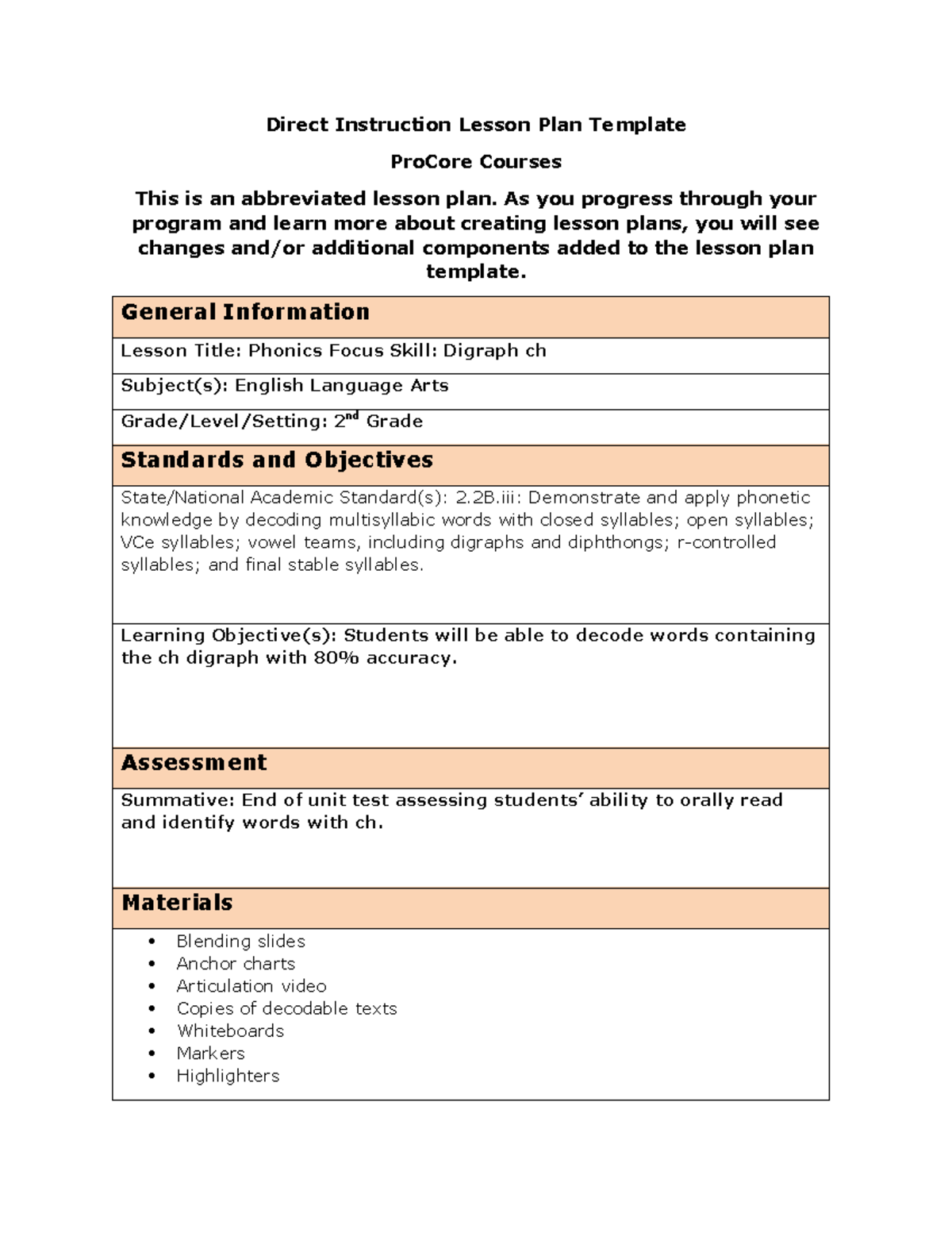 Direct Instruction Lesson Plan: Phonics Focus on Digraph ch - Studocu