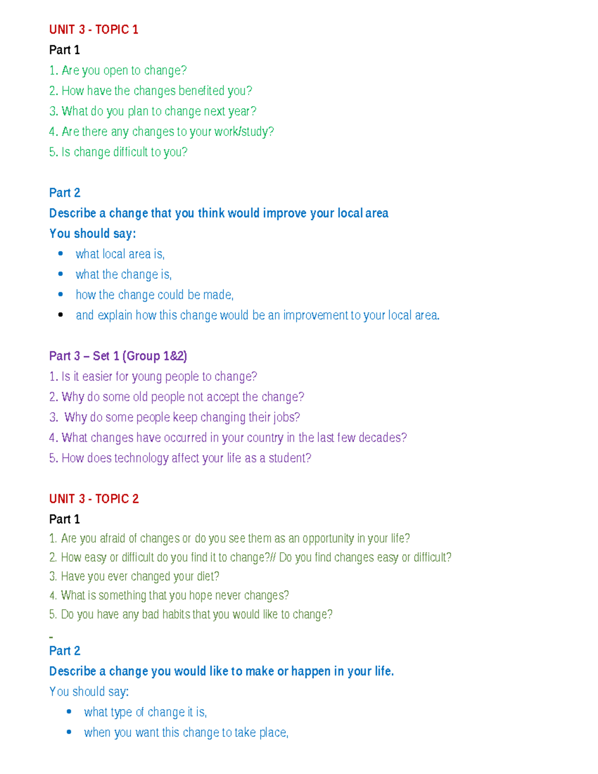 UNIT 3 Speaking Practice: Embracing Change and Its Impact - Studocu