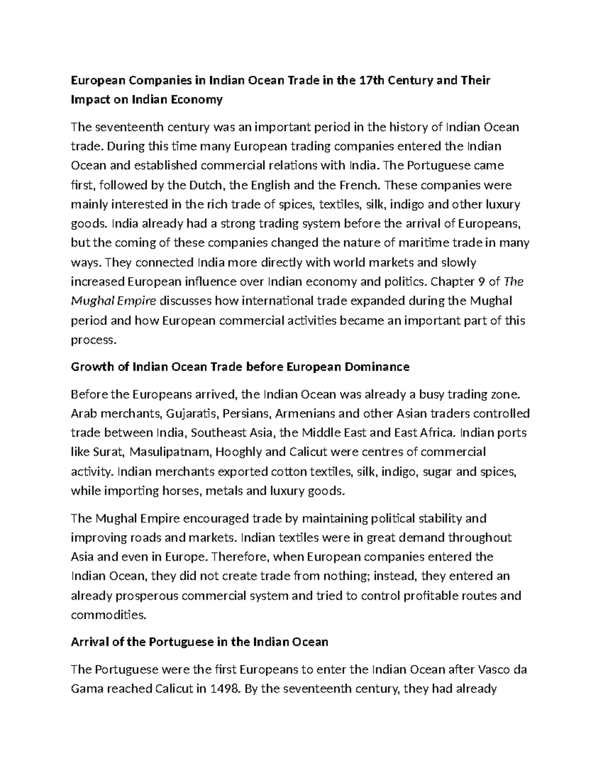 European Companies in Indian Ocean Trade: Impact on Indian Economy ...