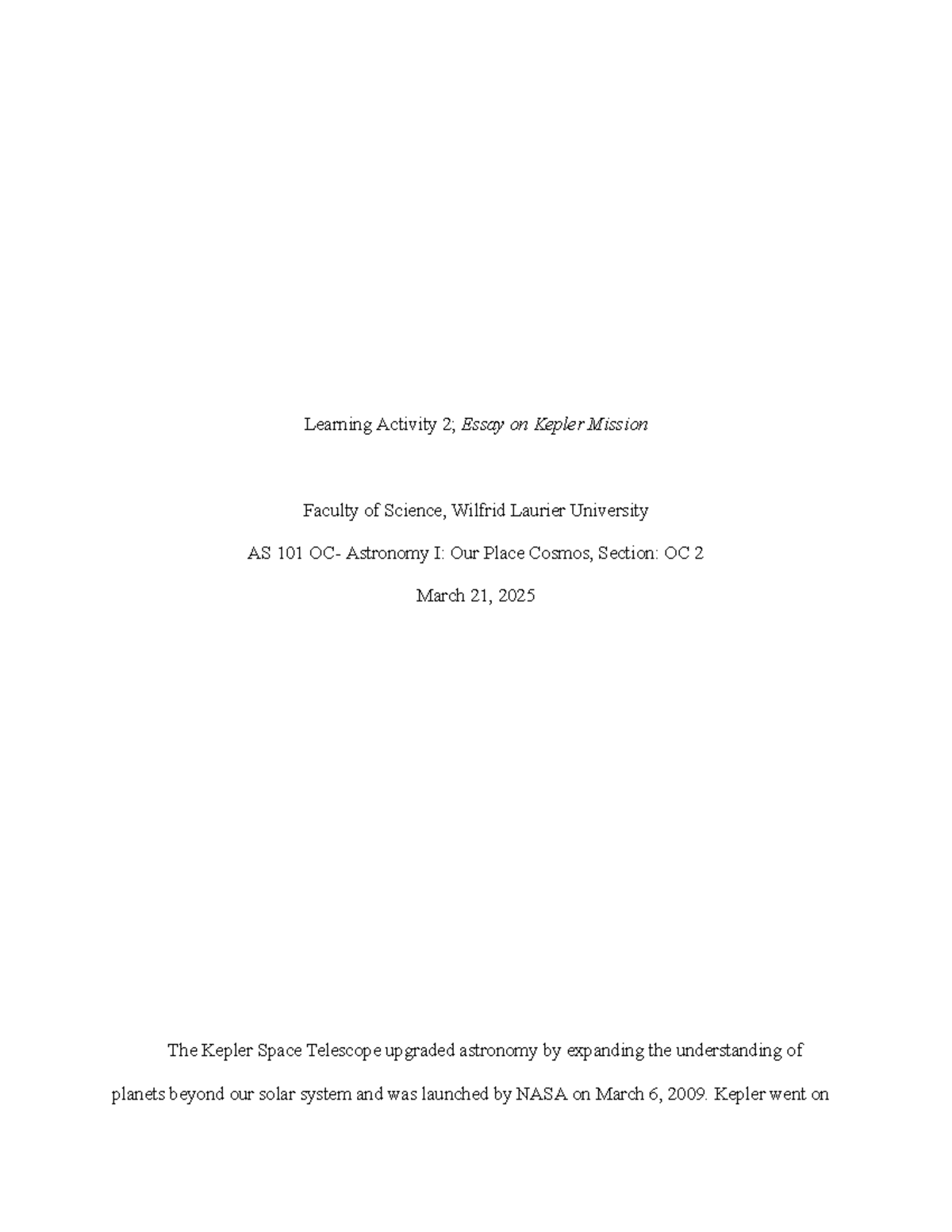 LA@ Essay on the Kepler Mission - AS 101 Astronomy I - Studocu
