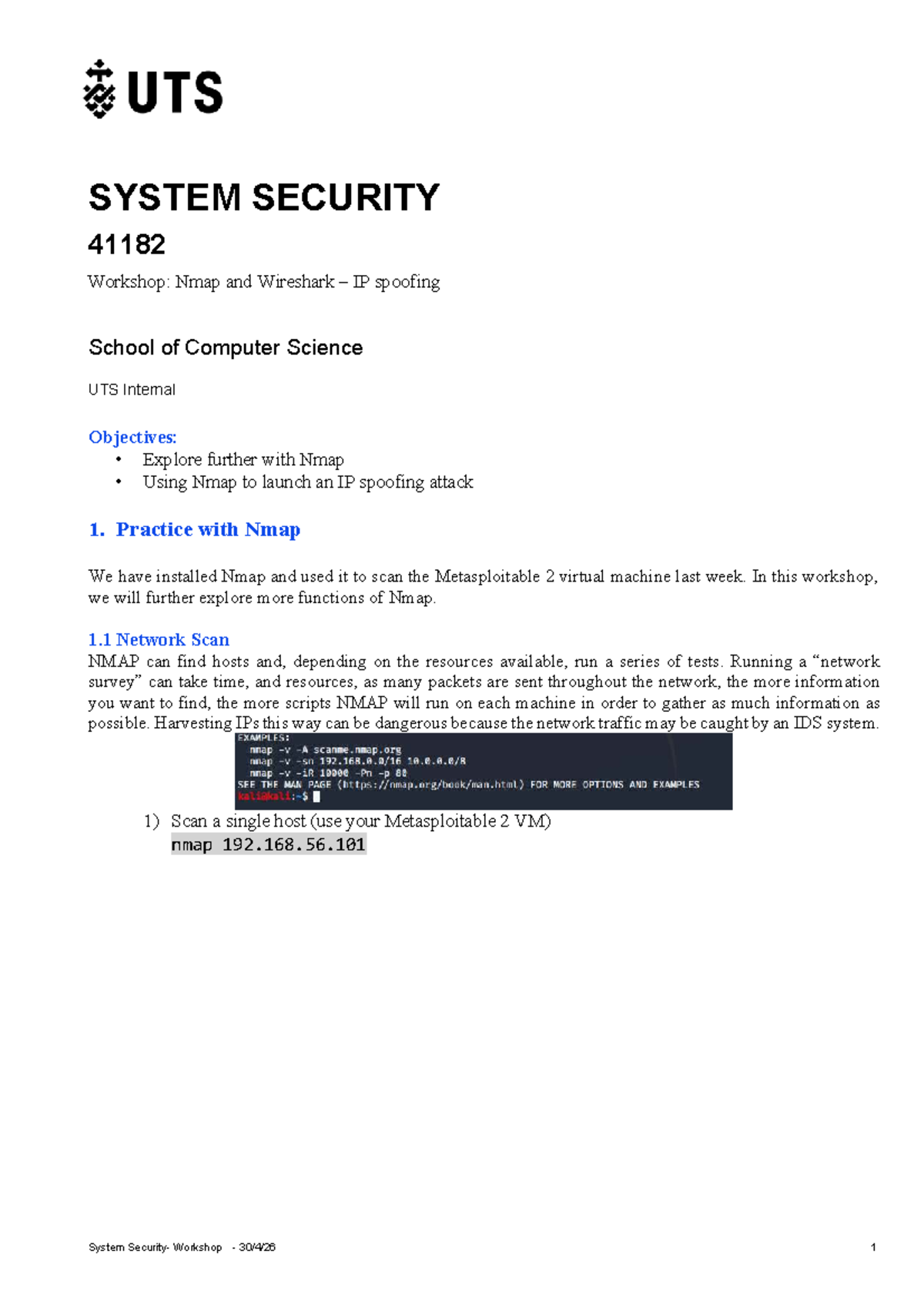 SYSTEM SECURITY 41182 Workshop: Nmap & Wireshark IP Spoofing Guide ...
