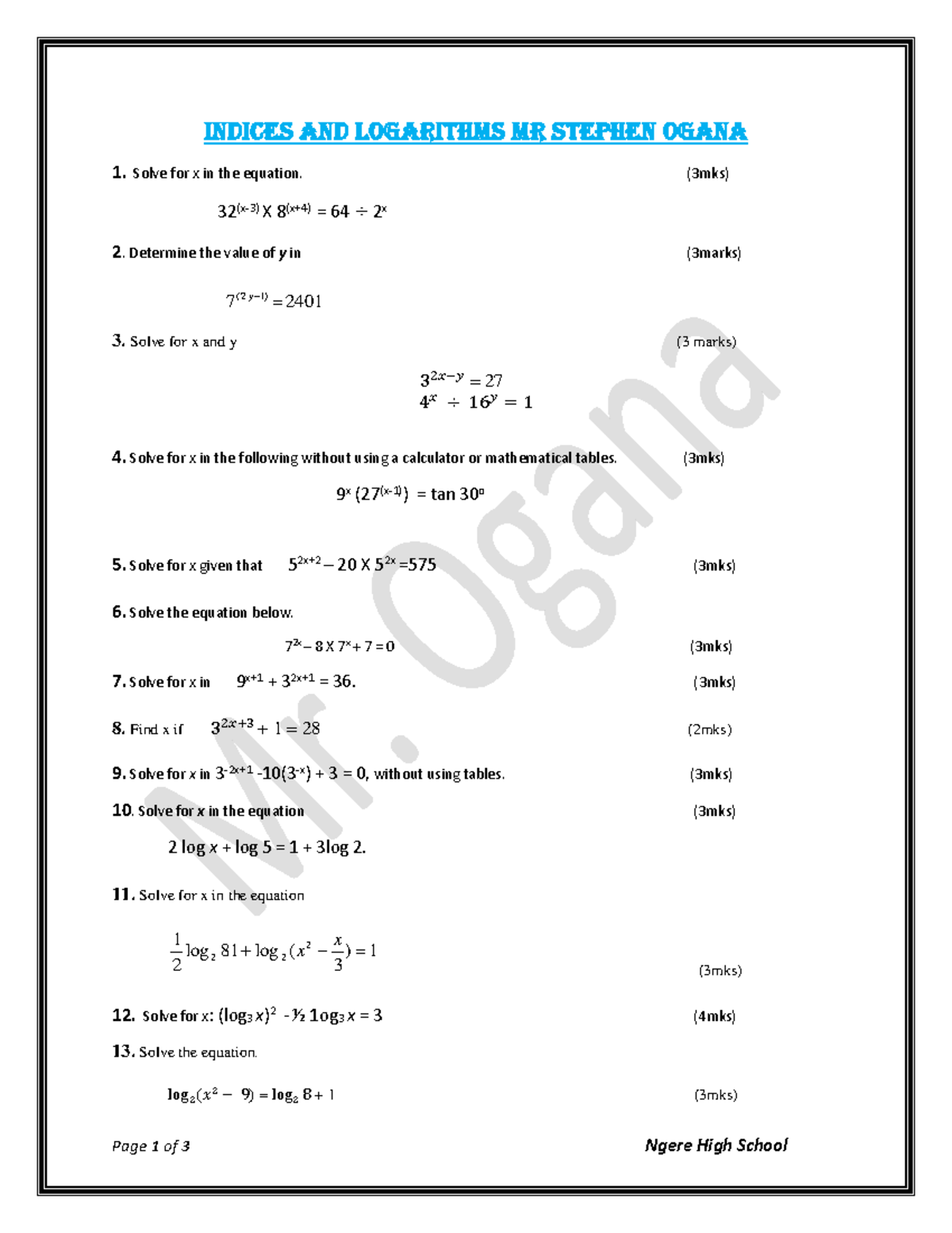 Indices and Logarithms Exam Questions - Ngere High School - Studocu