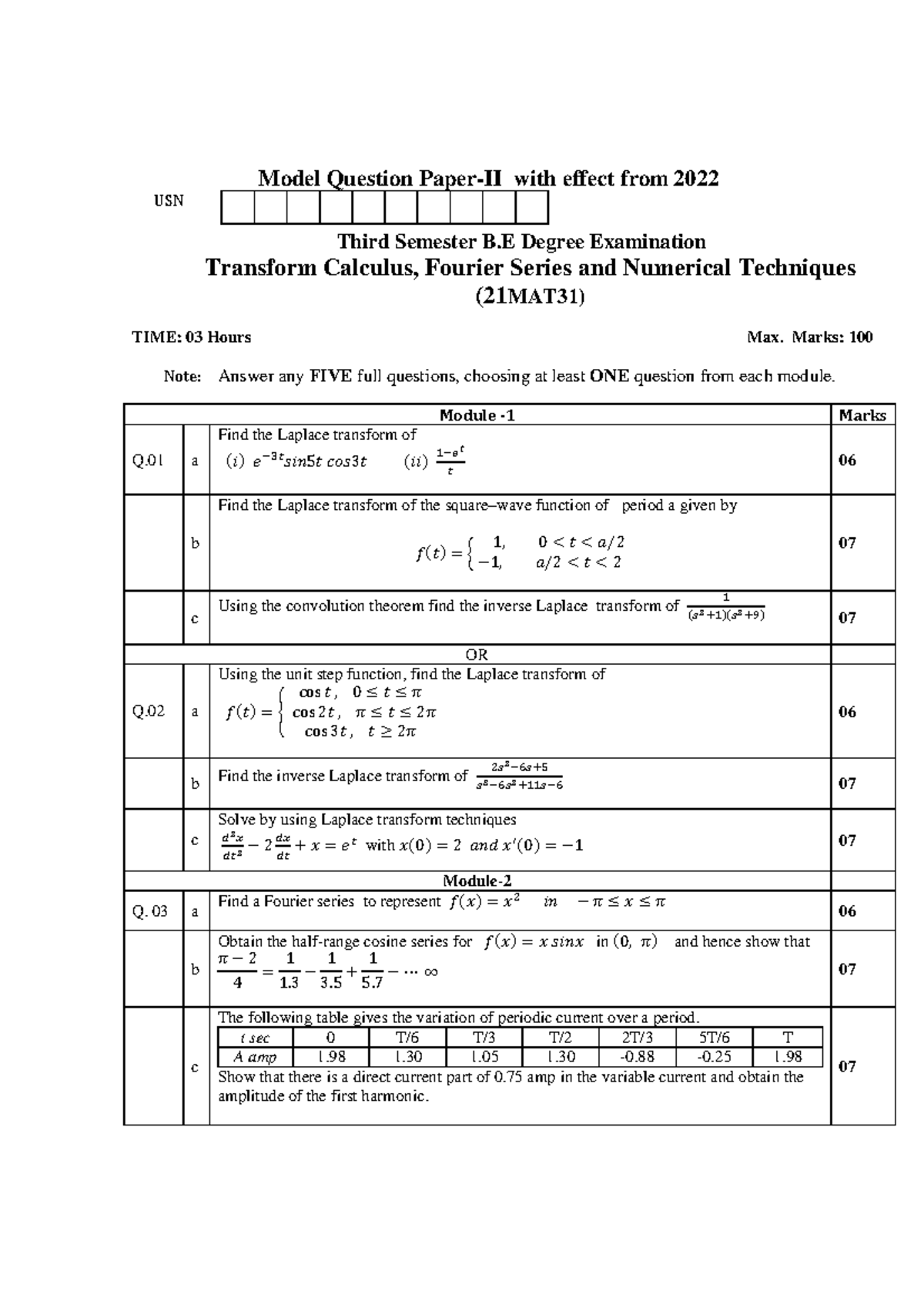 21MAT31 - Model question paper - Model Question Paper-II with effect ...