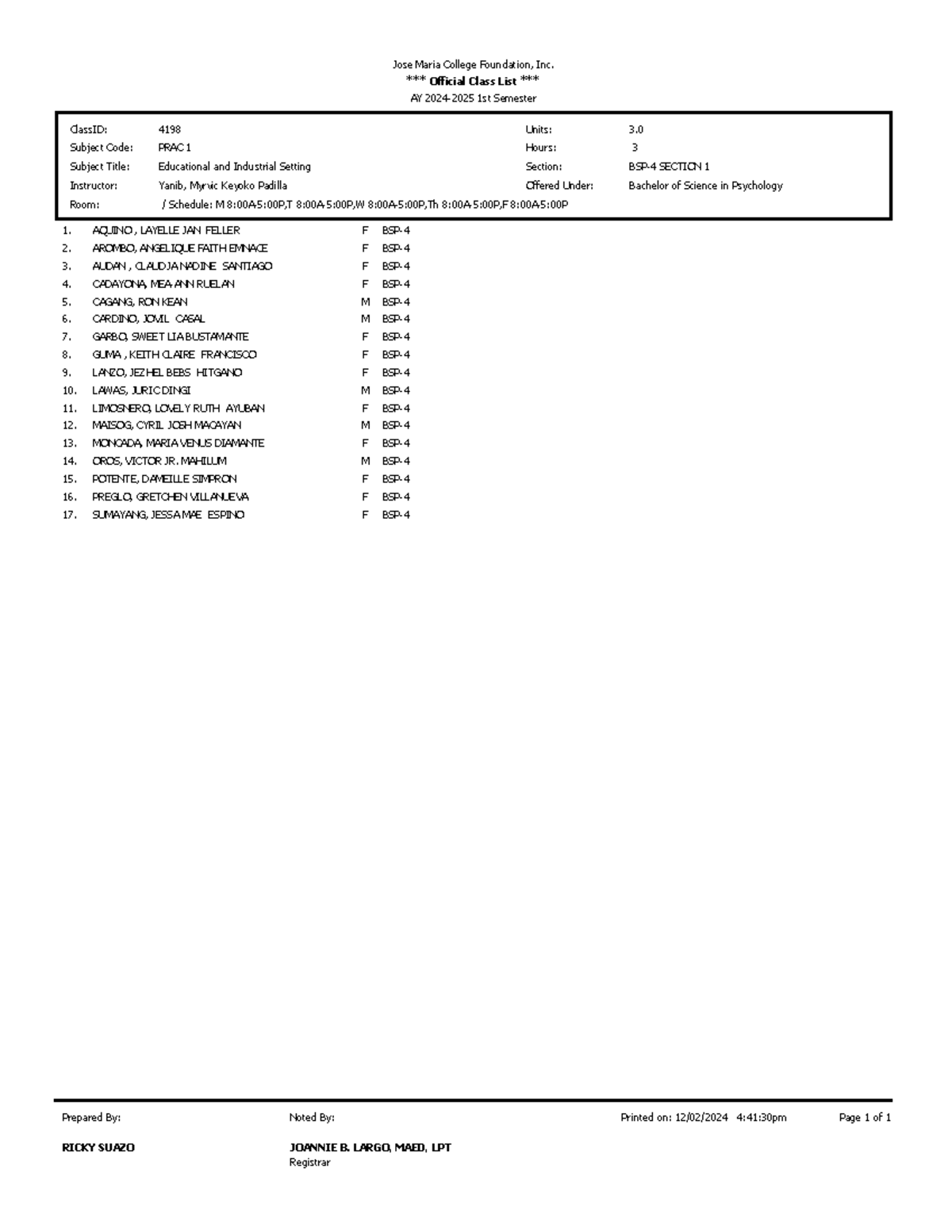 Prac 1 - bsp 4 - *** Official Class List *** Jose Maria College ...